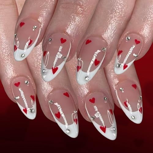 Heart Press Nails Medium Almond Artificial False Nails White Tip Red ...