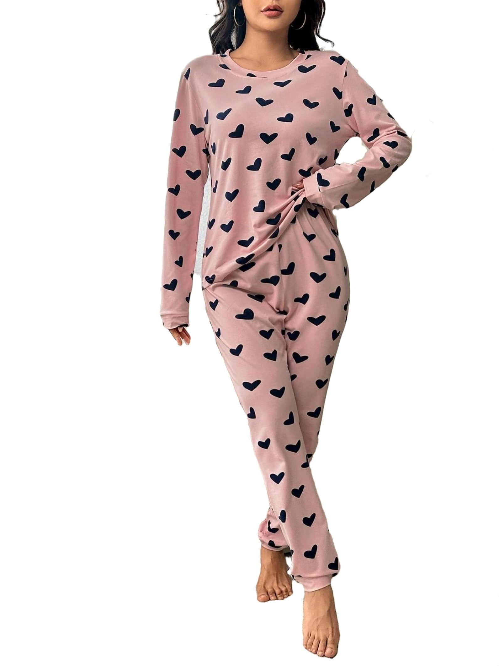 Heart Prin Round Neck Pant Sets Long Sleeve Coral Pink Women Pajama ...