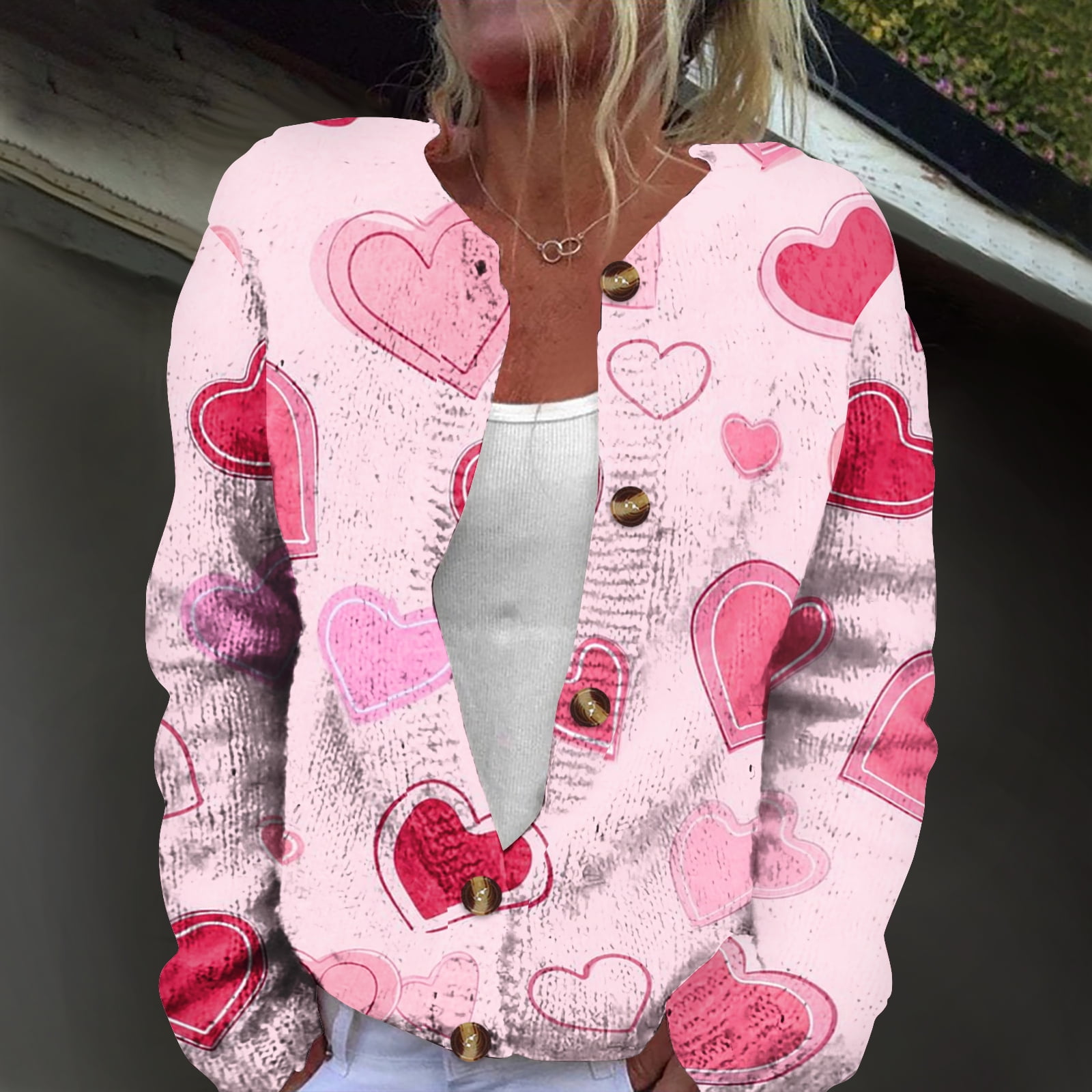 Heart Print Cardigan Valentines Sweater for Women Cute Chunky Button Up ...