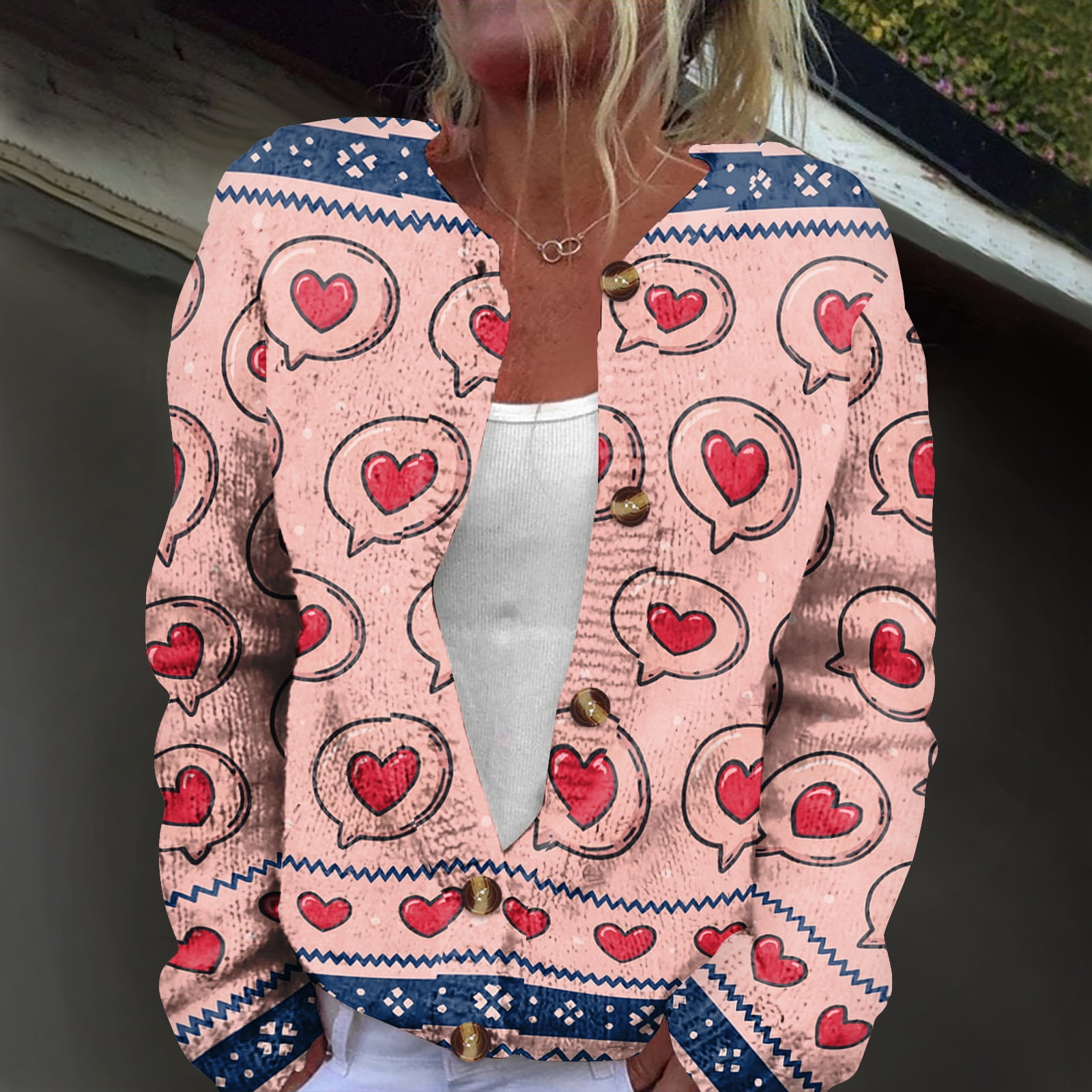 Heart Print Cardigan Valentines Sweater for Women Cute Chunky Button Up ...