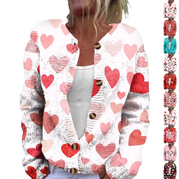 Heart Print Cardigan Valentines Sweater for Women Cute Chunky Button Up ...