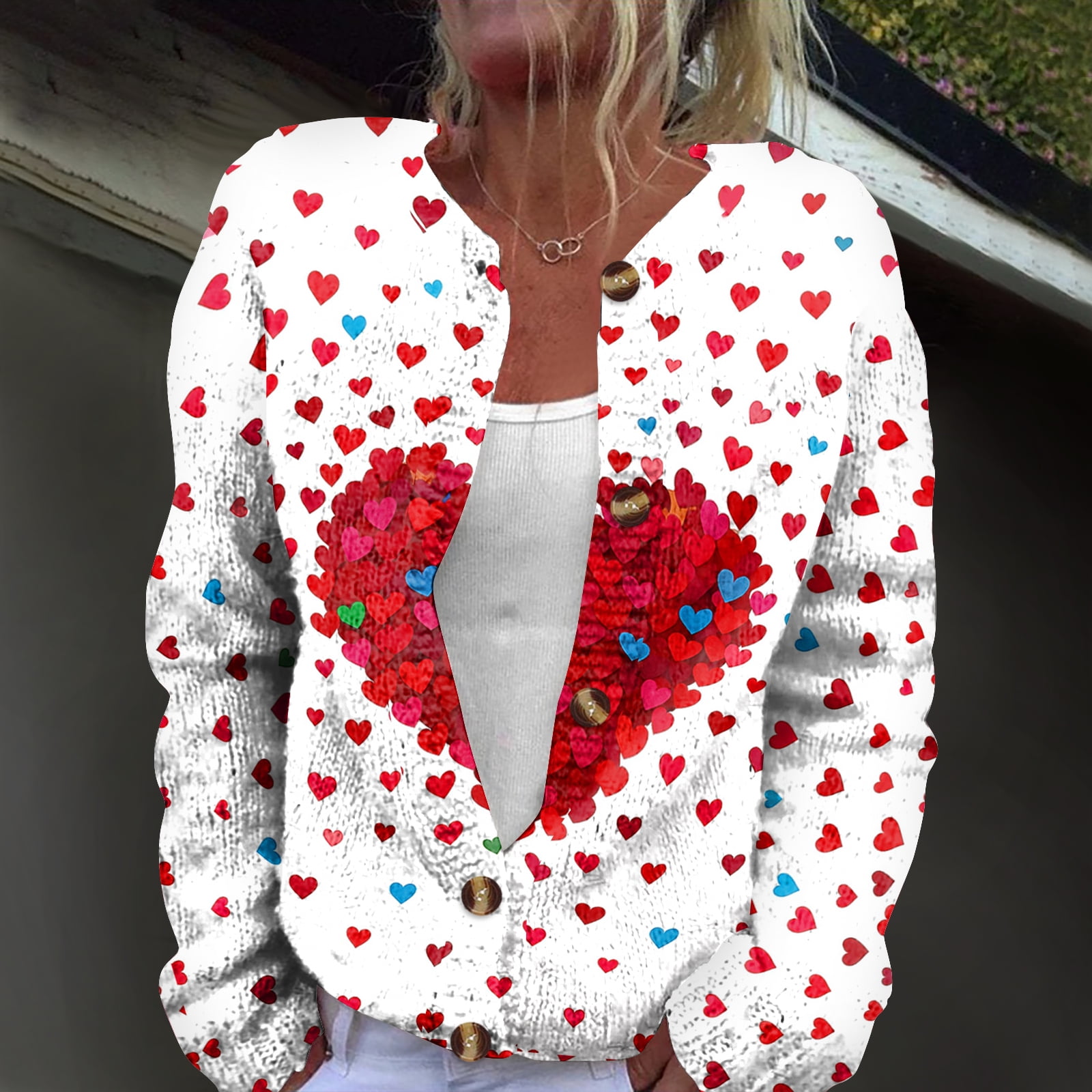 Heart Print Cardigan Valentines Sweater for Women Cute Chunky Button Up ...