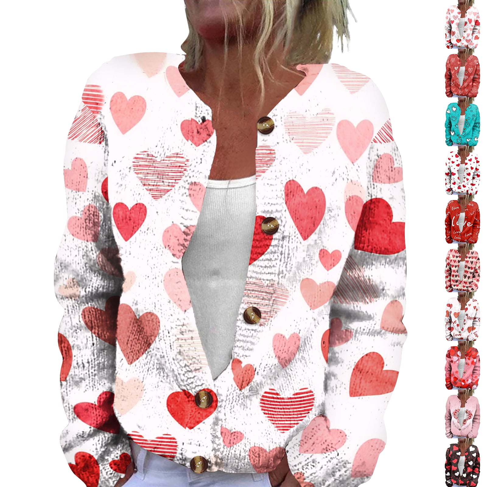 Heart Print Cardigan Valentines Sweater for Women Cute Chunky Button Up ...