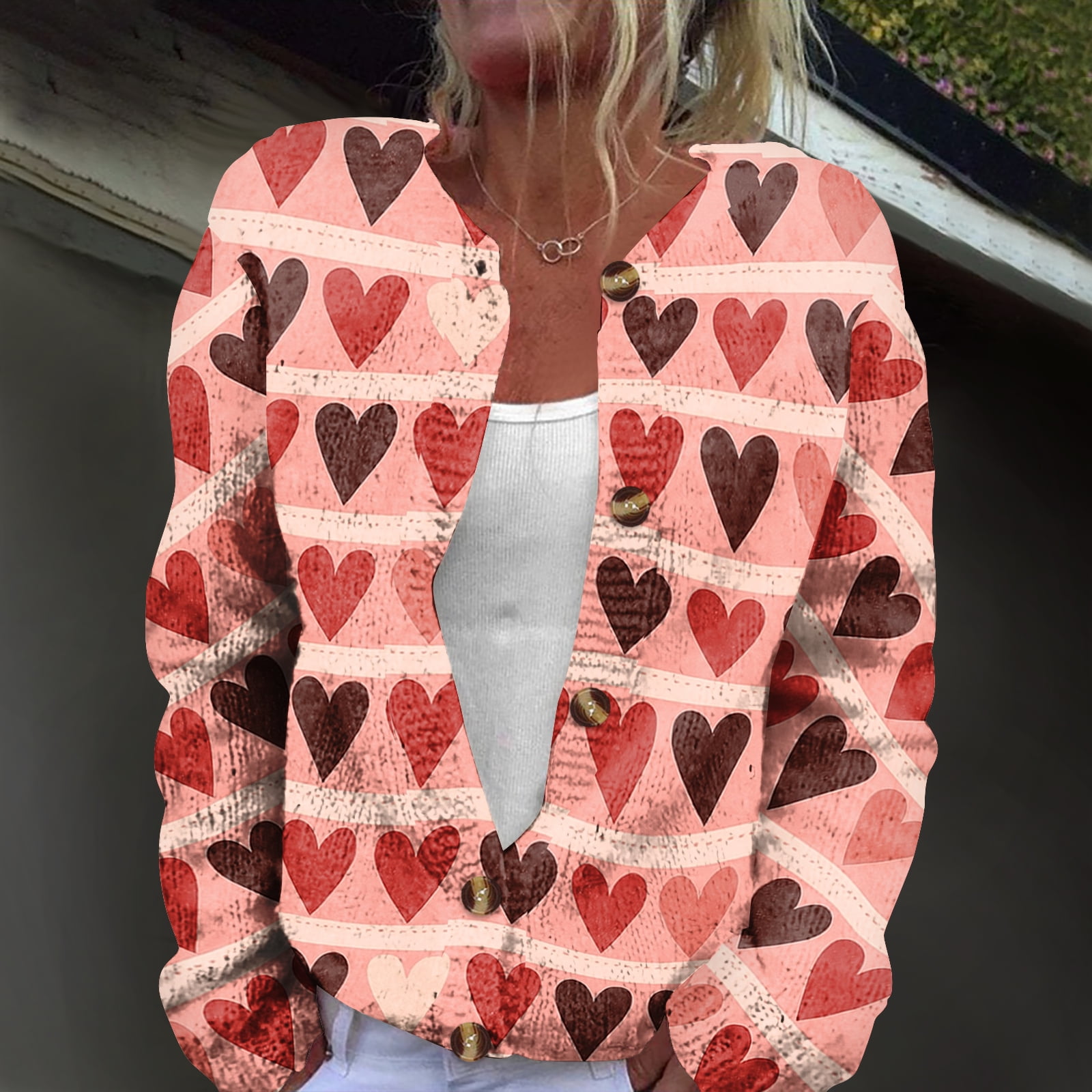 Heart Print Cardigan Valentines Sweater for Women Cute Chunky Button Up ...