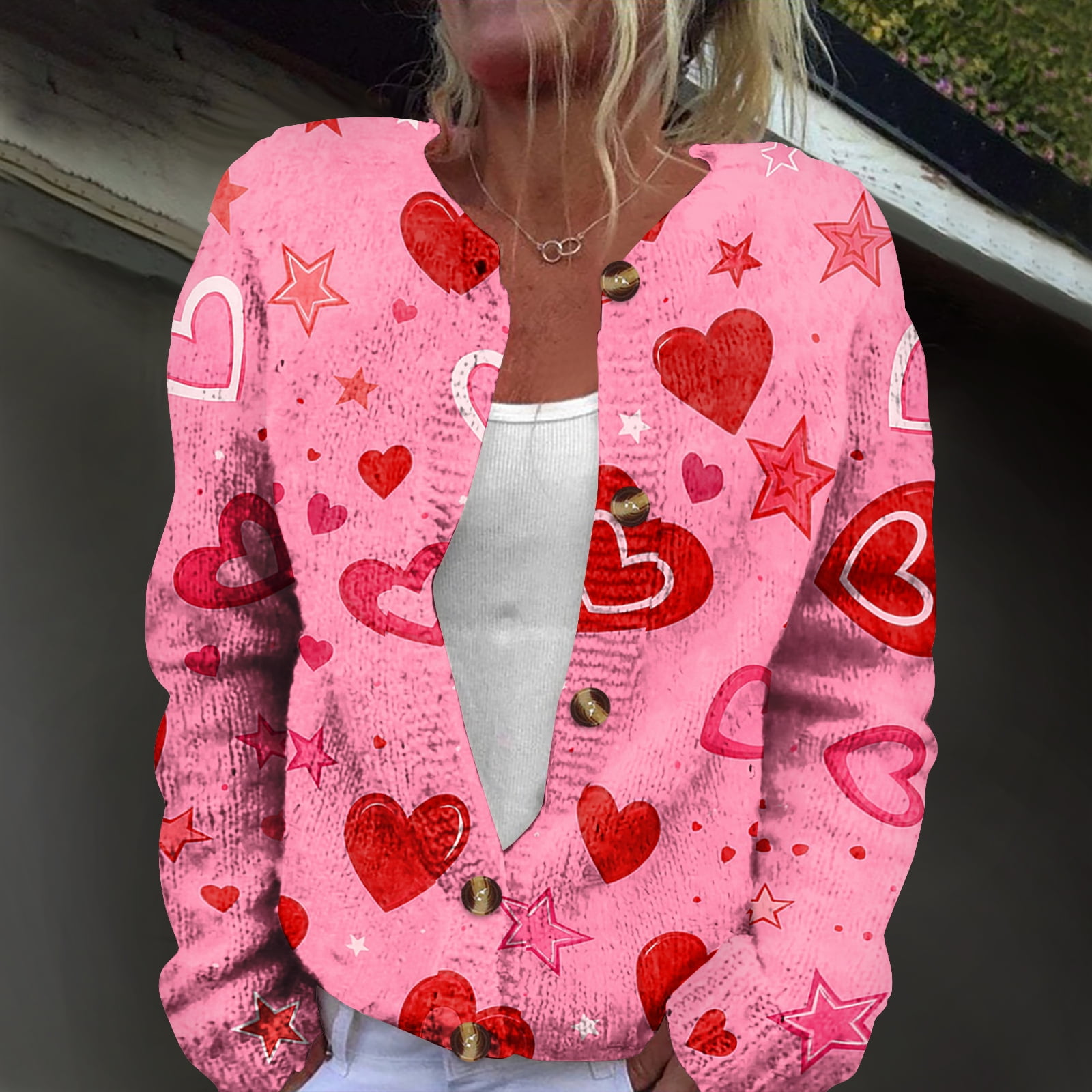 Heart Print Cardigan Valentines Sweater for Women Cute Chunky Button Up ...