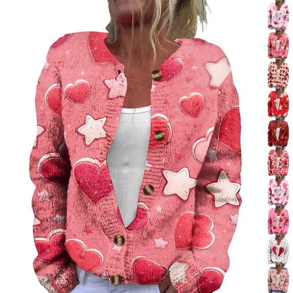 Heart Print Cardigan Valentines Sweater for Women Cute Chunky Button Up ...