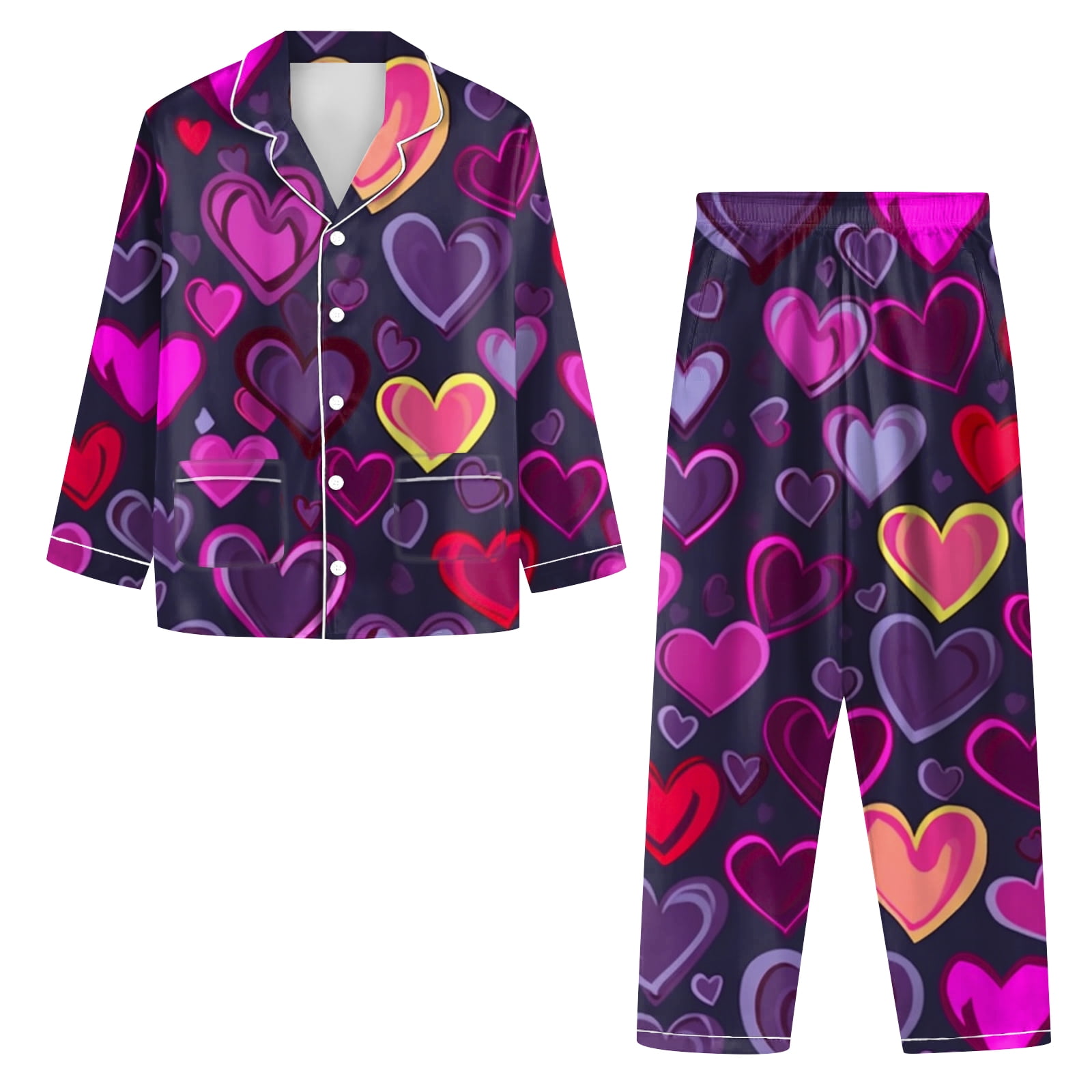 Heart Print Flannel Pajama Set for Women - Long Sleeve Button Down Two ...