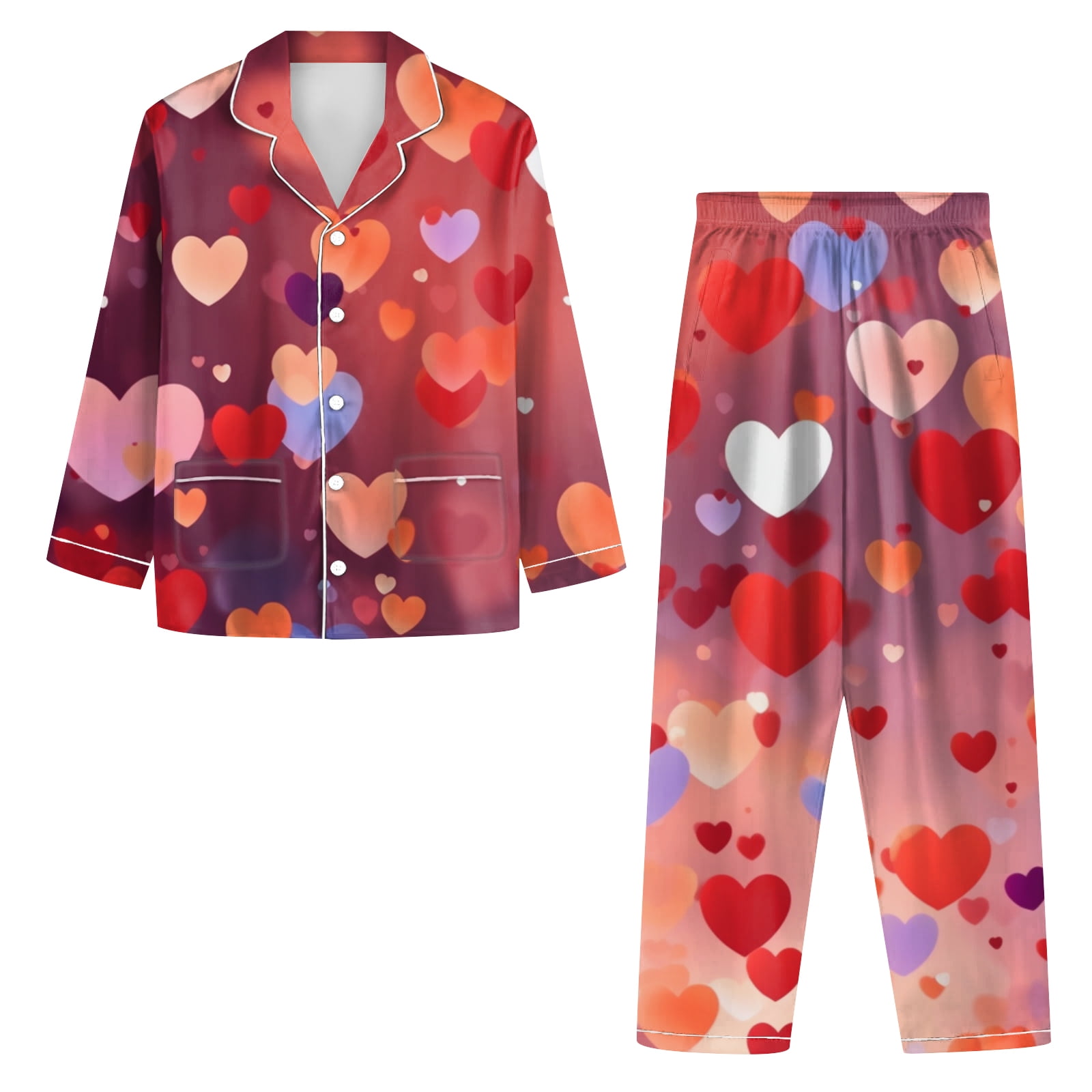 Heart Print Flannel Pajama Set for Women - Long Sleeve Button Down Two ...