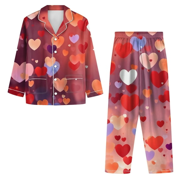 Heart Print Flannel Pajama Set for Women - Long Sleeve Button Down Two ...