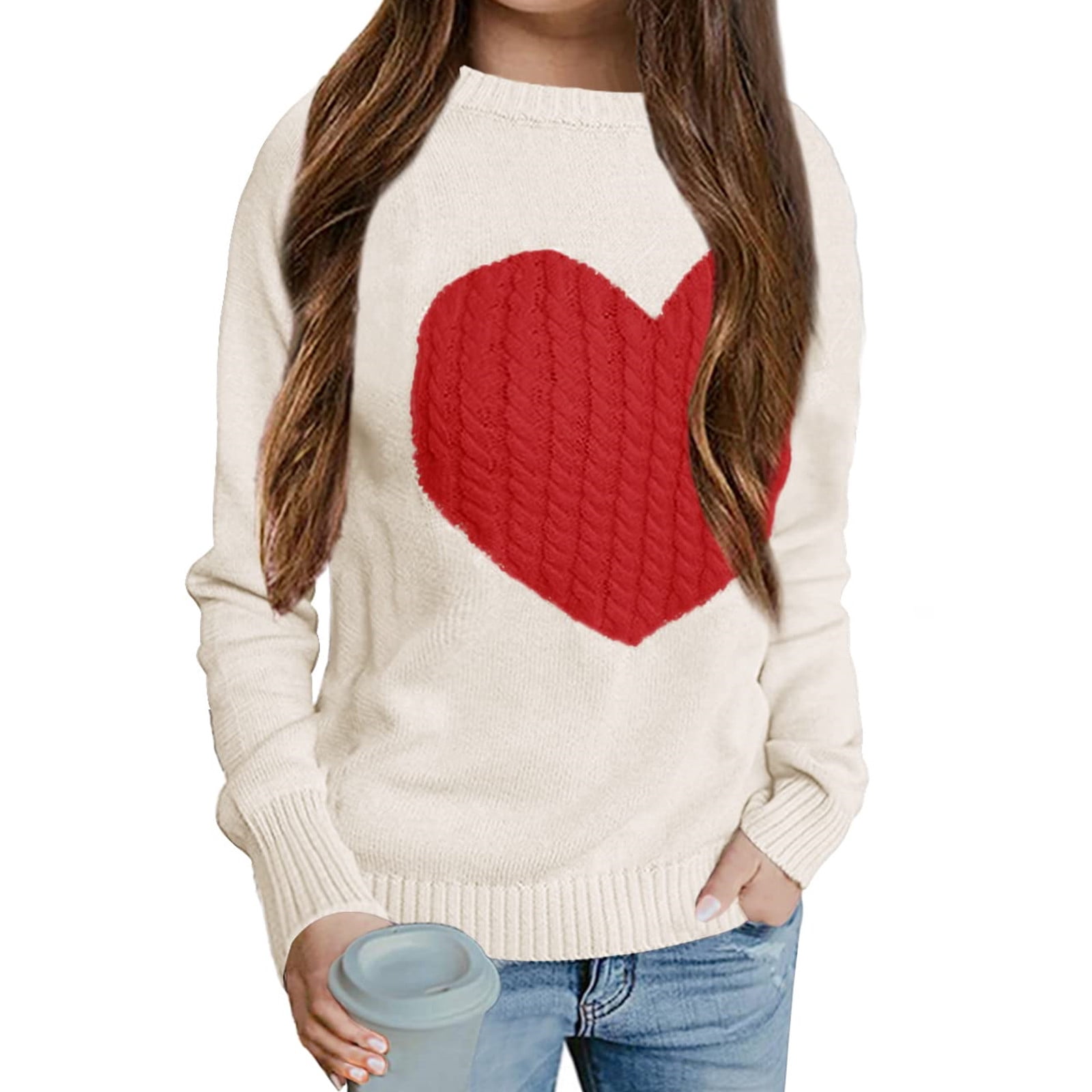 Heart Print Girls Long Sleeve Autumn Winter Knit Sweater Pullover ...
