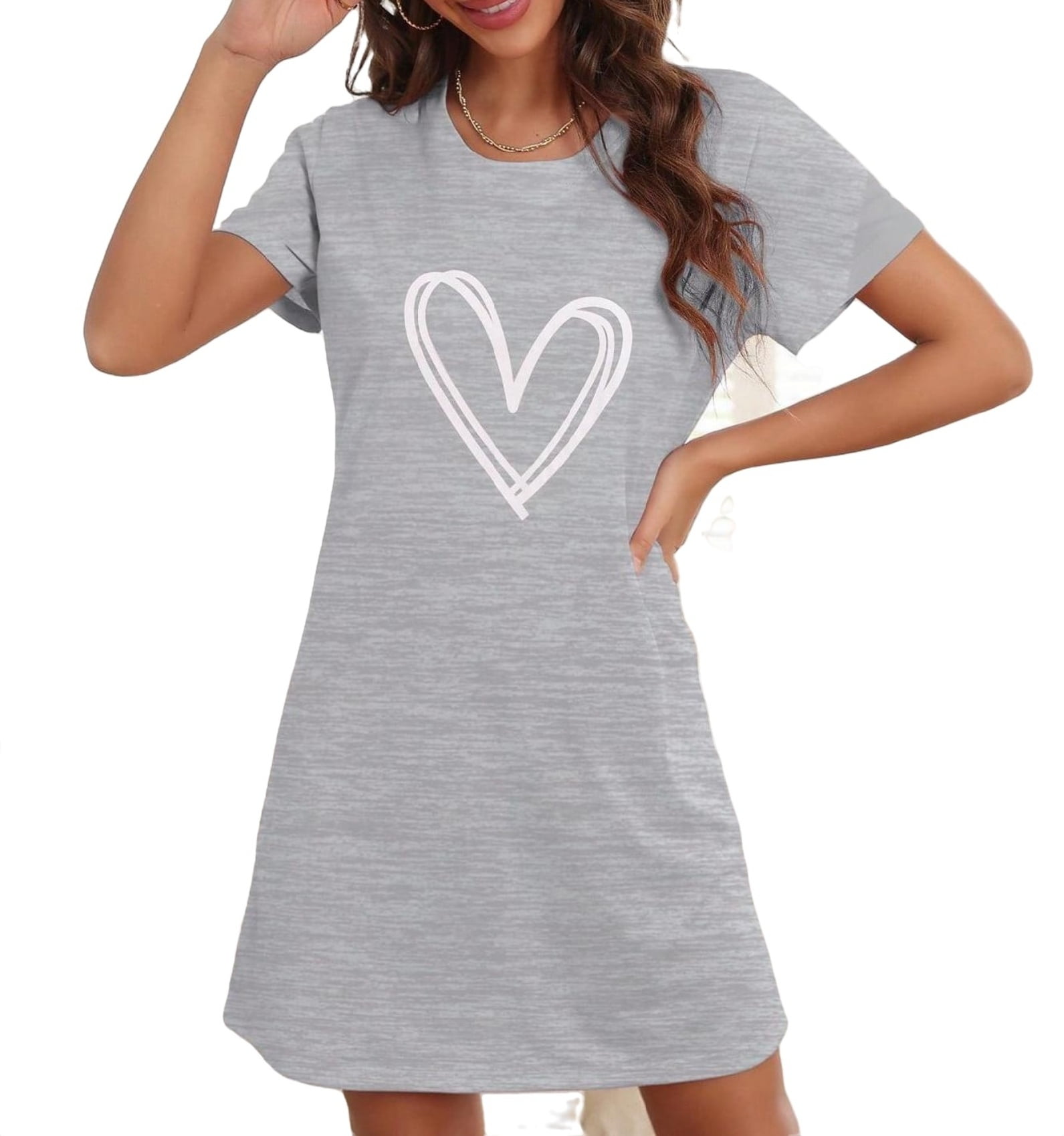 Heart Print Round Neck Sleepshirts Short Sleeve Light Grey Women ...