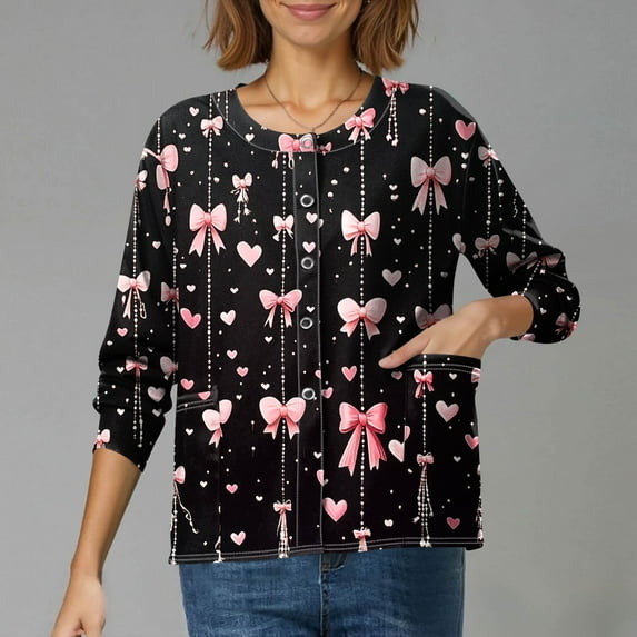 Heart Print Scrub Jacket for Women - Valentine's Day Long Sleeve Snap ...