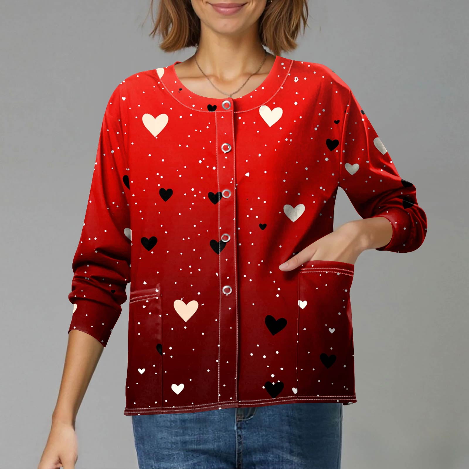 Heart Print Scrub Jacket for Women - Valentine's Day Long Sleeve Snap ...