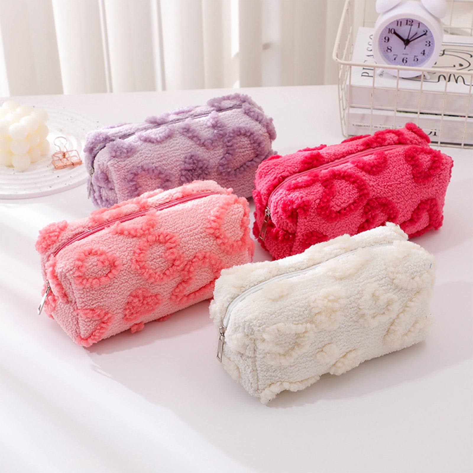 Heart Print Sherpa Storage Bag - Soft Plush Zippered Bag for Cosmetics ...