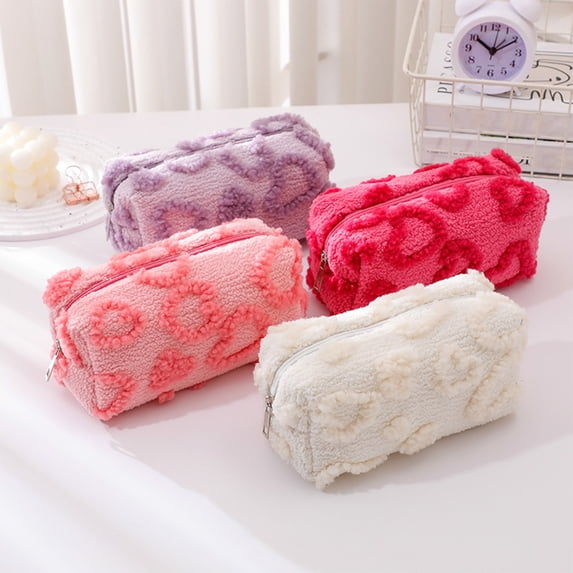 Heart Print Sherpa Storage Bag - Soft Plush Zippered Bag for Cosmetics ...