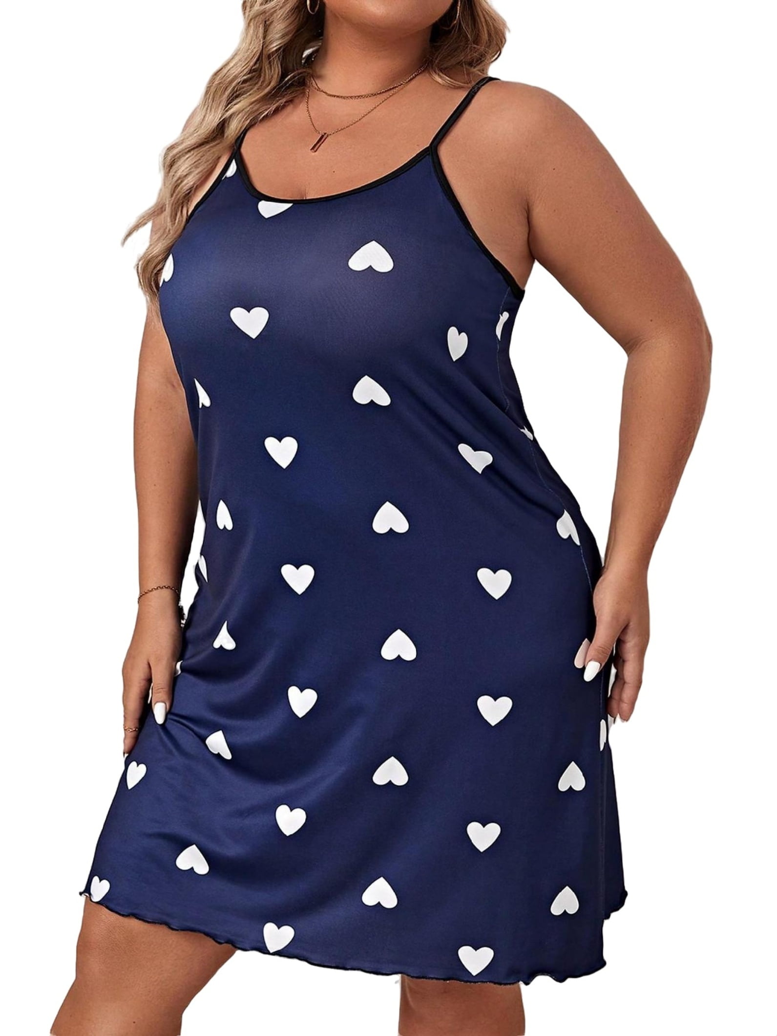 Heart Print Spaghetti Strap Slip Dress Sleeveless Navy Blue Plus Size ...