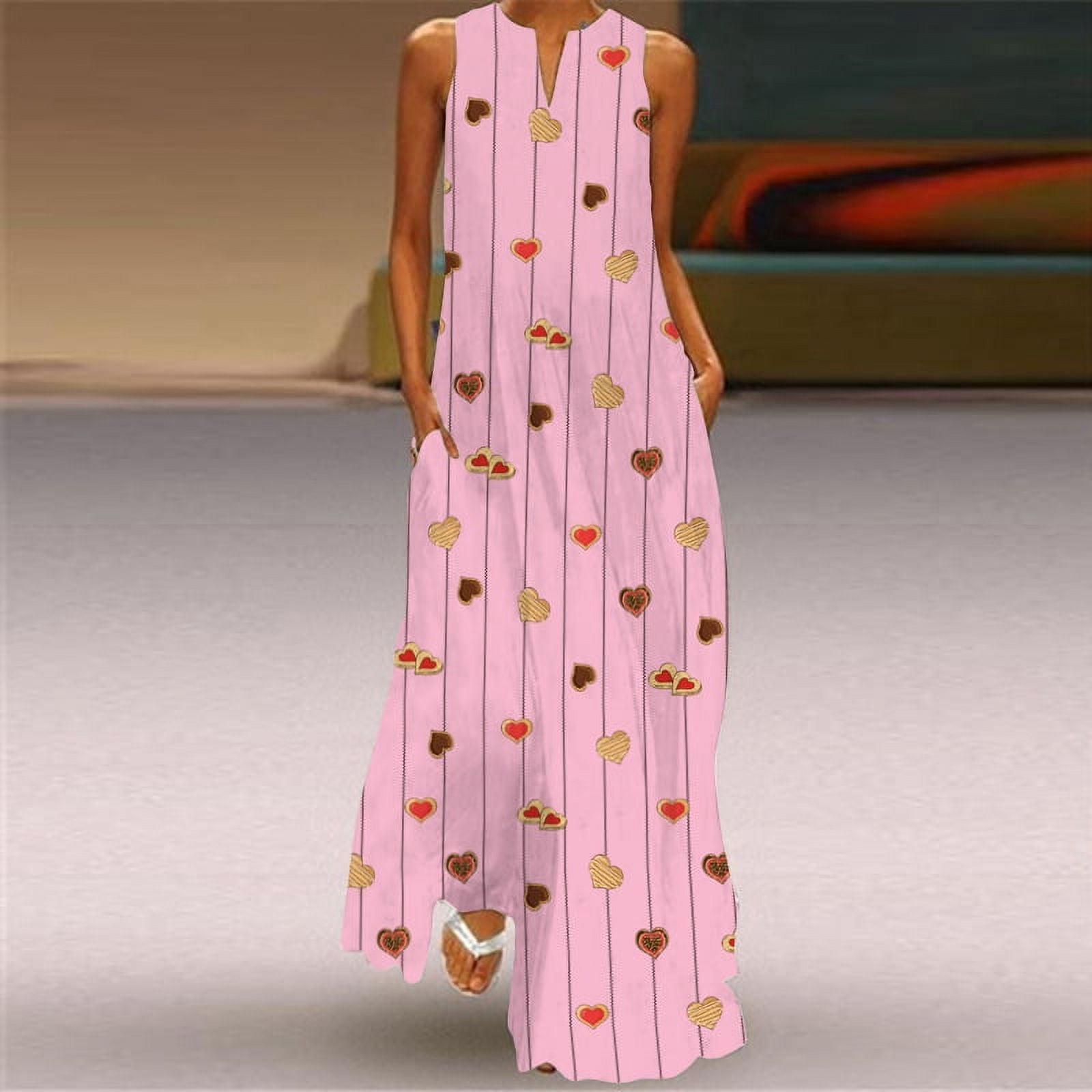 Heart Print Vintage Beach Dress Party V Neck Summer Sundresses Elegant ...