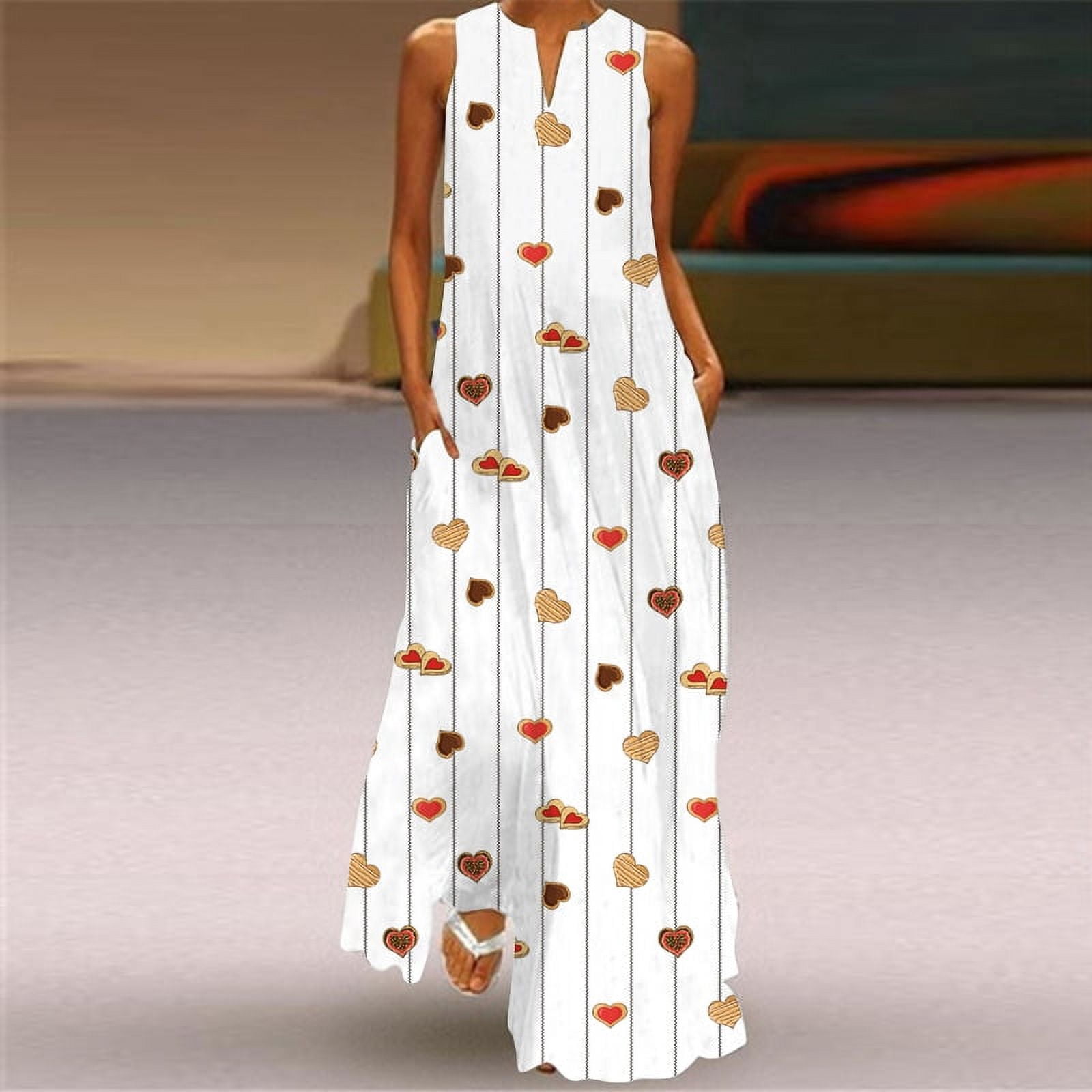Heart Print Vintage Beach Dress Party V Neck Summer Sundresses Elegant ...