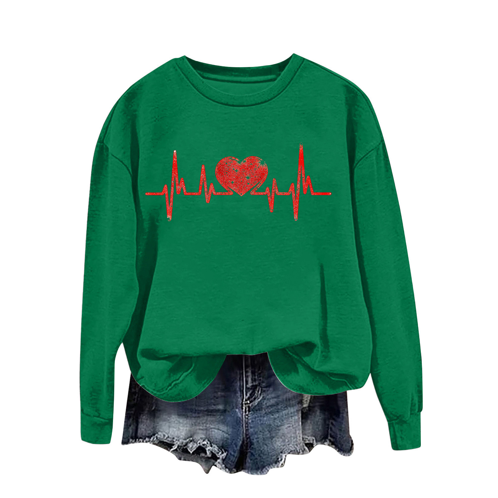Heart Printed Women's Long Sleeve T-Shirt Dressy Loose Crew Neck Blouse ...