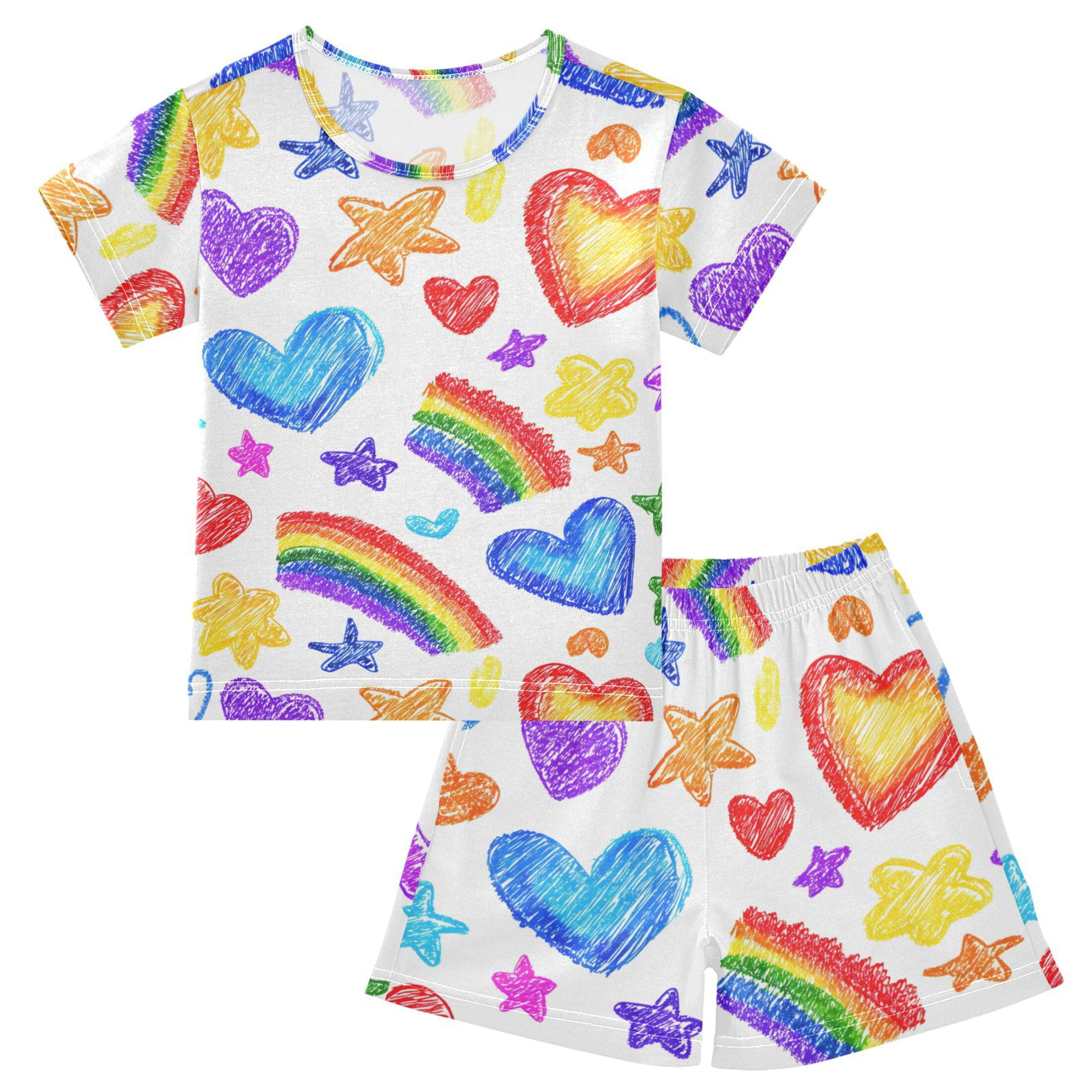 Heart Rainbow Colored Pencils Pattern Summer Pajama Set Soft Cotton ...