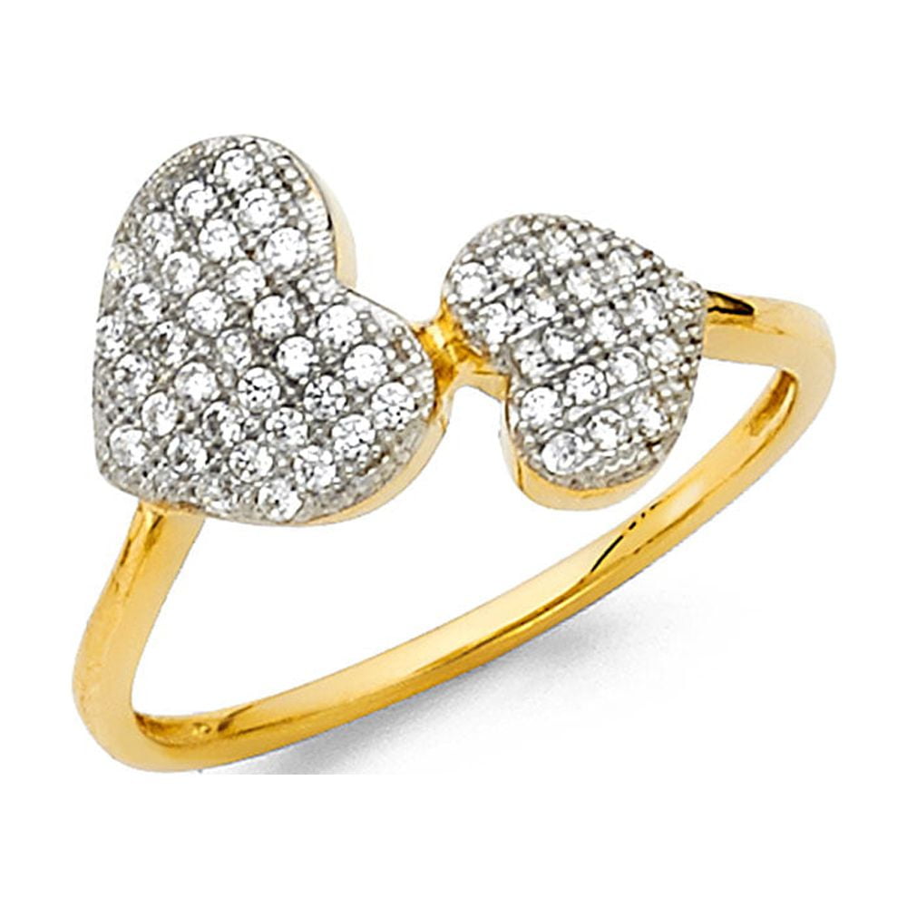 Heart Ring CZ Solid 14k Yellow Gold Band Two Hearts Promise Ring ...