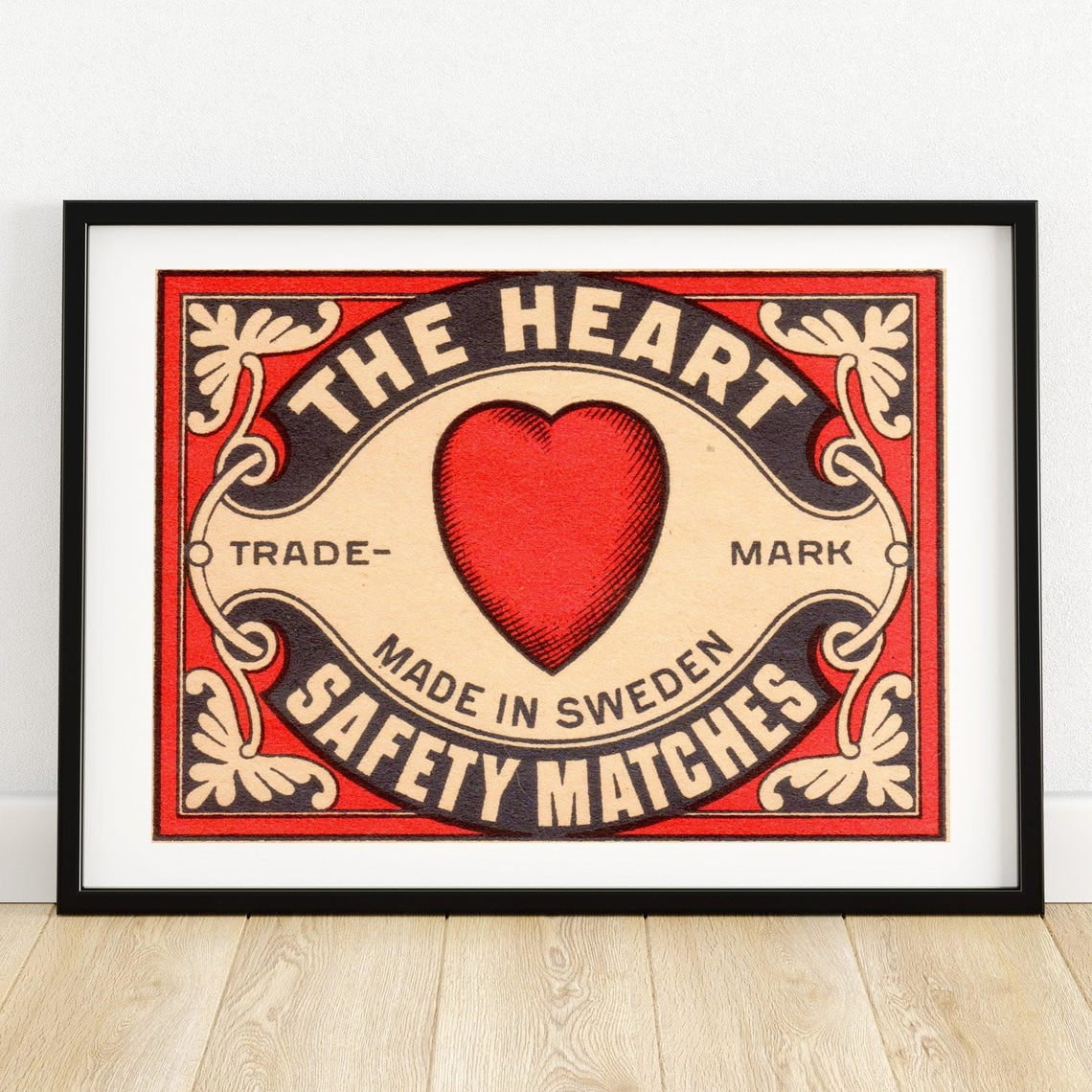 Heart Safety Matches Art Print Swedish Vintage Label Decor Red And ...