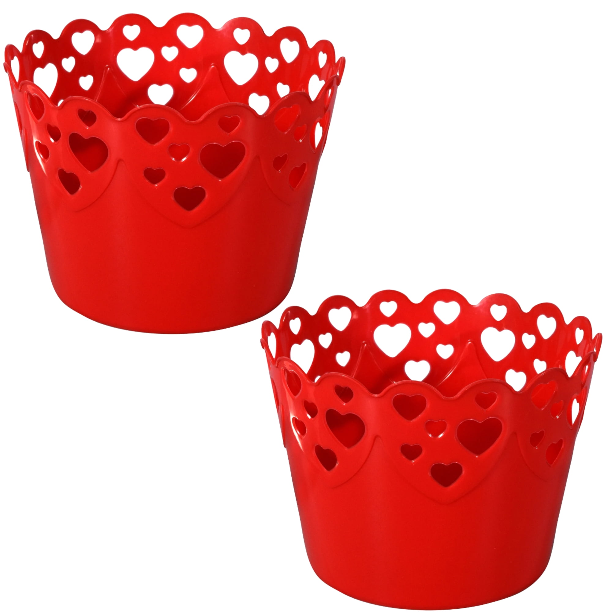 Heart Scalloped Buckets, Red Plastic Round Basket Container for Kids ...
