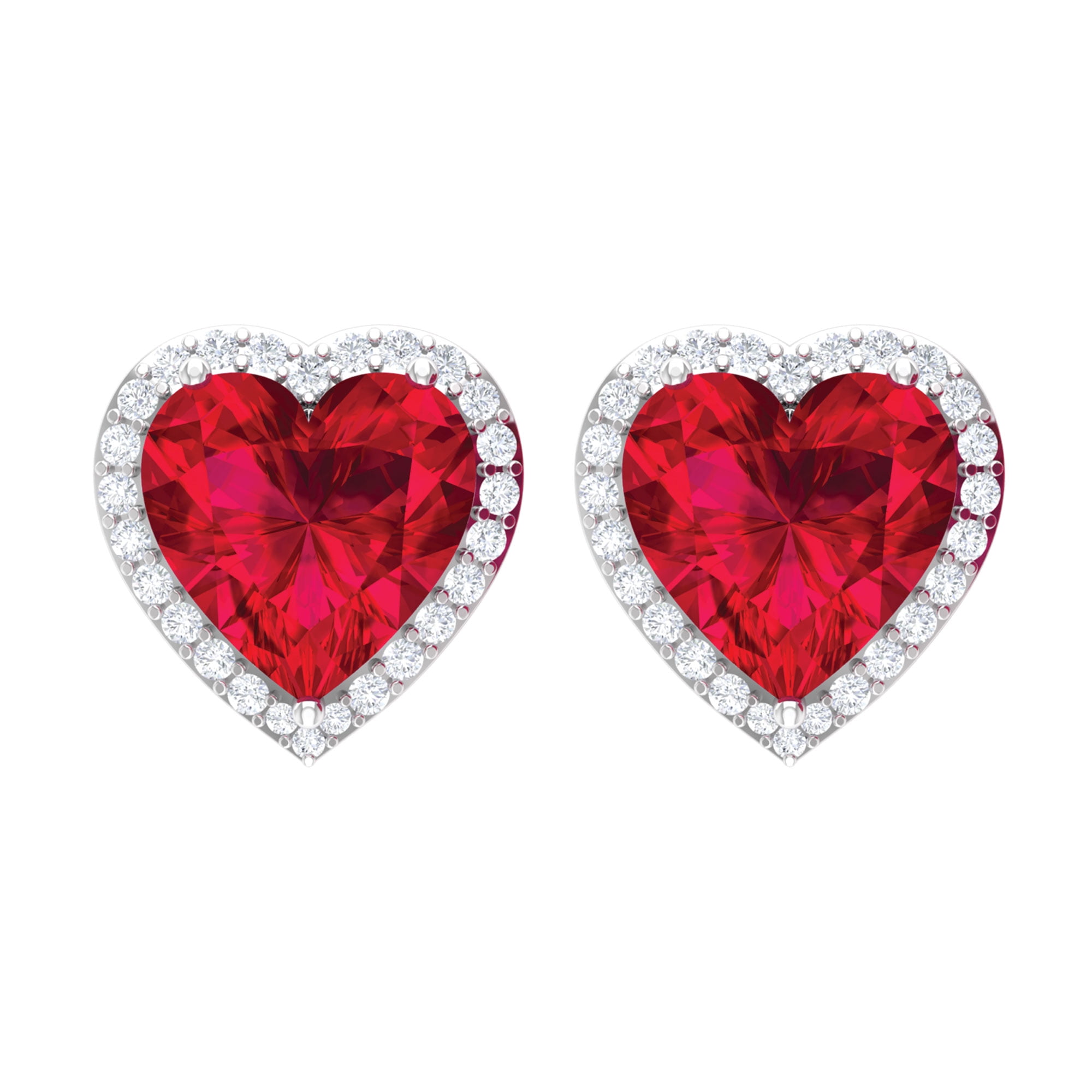 Rosec Jewels Heart Shape Created Ruby Stud Earrings with Moissanite Halo (AAAA Grade) - 8 mm ...