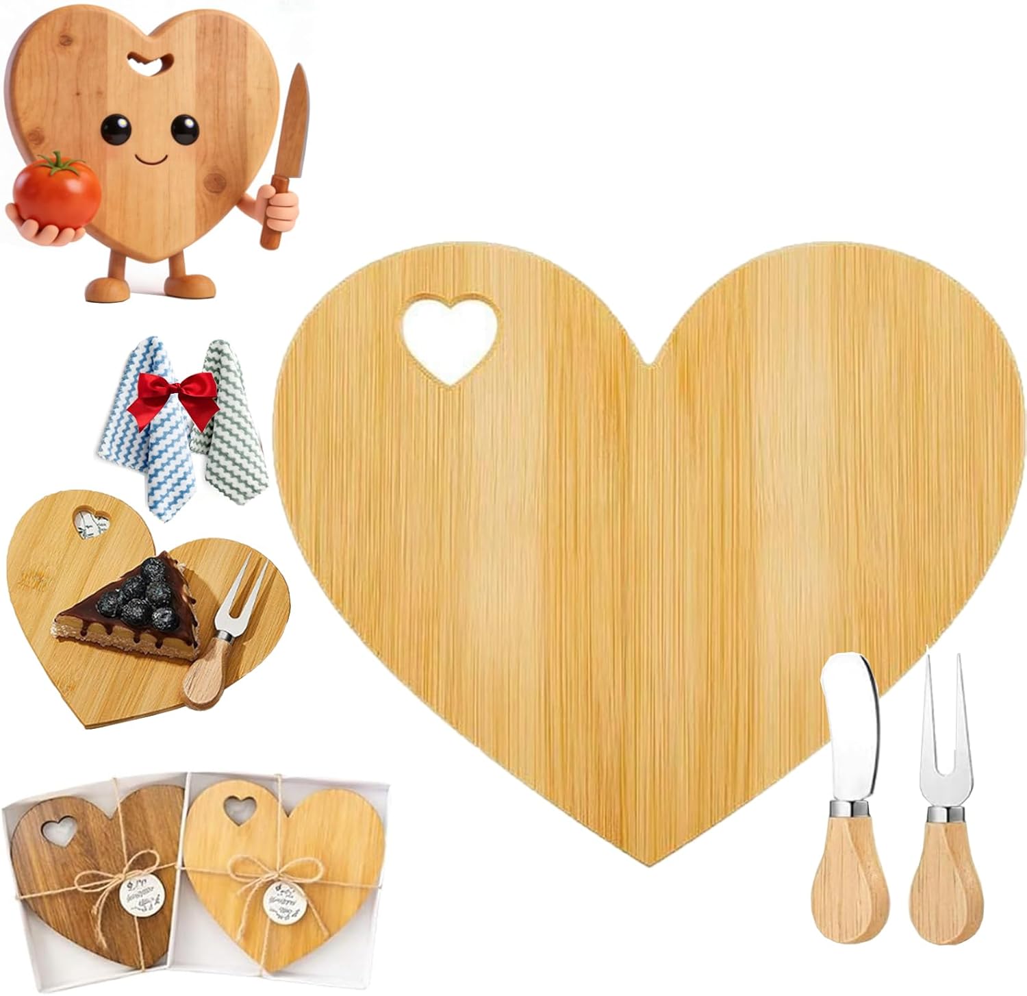 Heart Shape Cutting Board, Charcuterie Boards Bamboo Bread Set ...