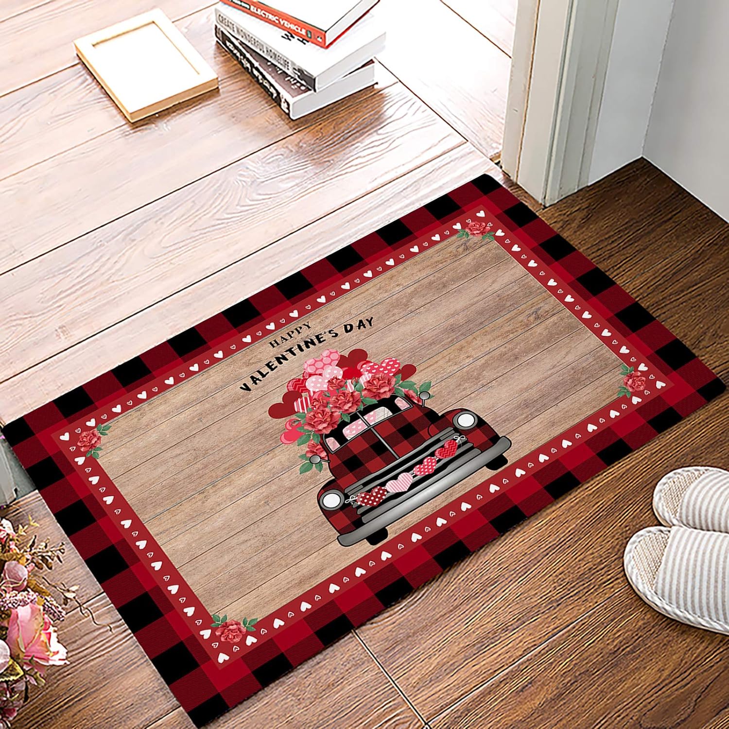 Heart Shape Red Truck Buffalo Plaid Indoor Doormat Non-Slip Front Door ...