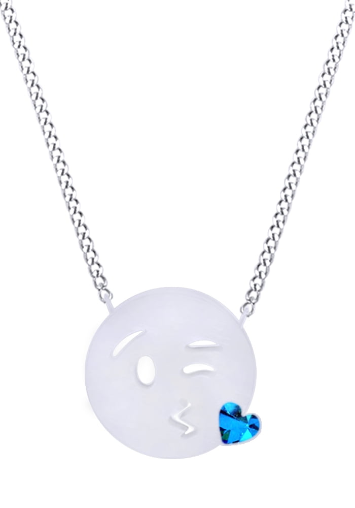 14K White Gold Heart Shaped Simulated Blue Topaz Emoji Pendant Necklace ...