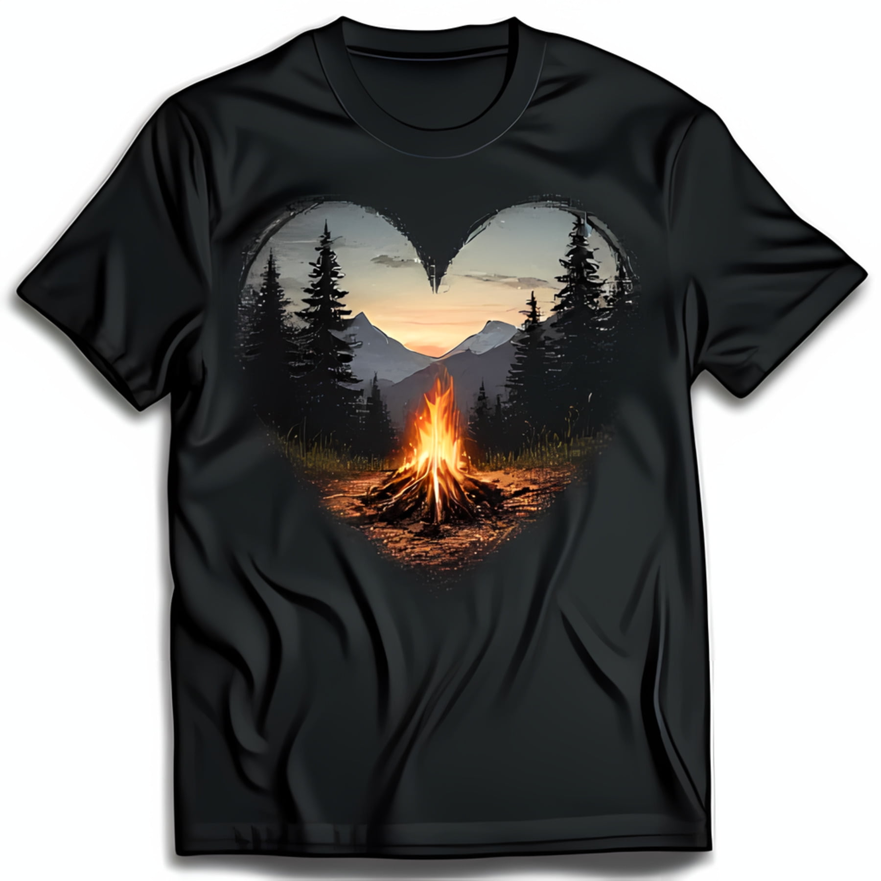 Heart Shaped Campfire Design Black T-Shirt Nature Inspired Sunset Scene - Walmart.com