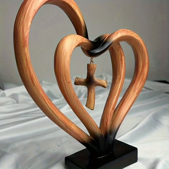 Heart-Shaped Cross Sculpture Ornament In Vintage Brown Resin Modern ...