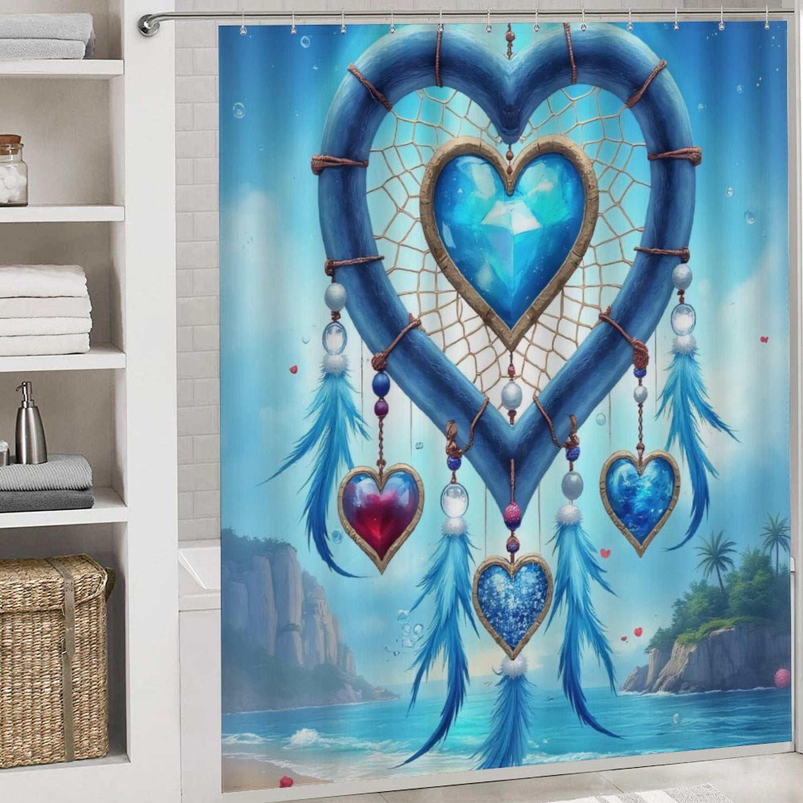 Heart-Shaped Dreamcatcher Beach Scene Shower Curtain Ornament Bathroom ...