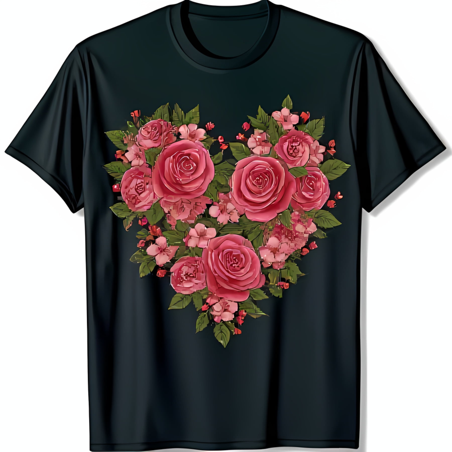 Heart Shaped Floral Bouquet Black T-Shirt with Vibrant Pink Roses ...