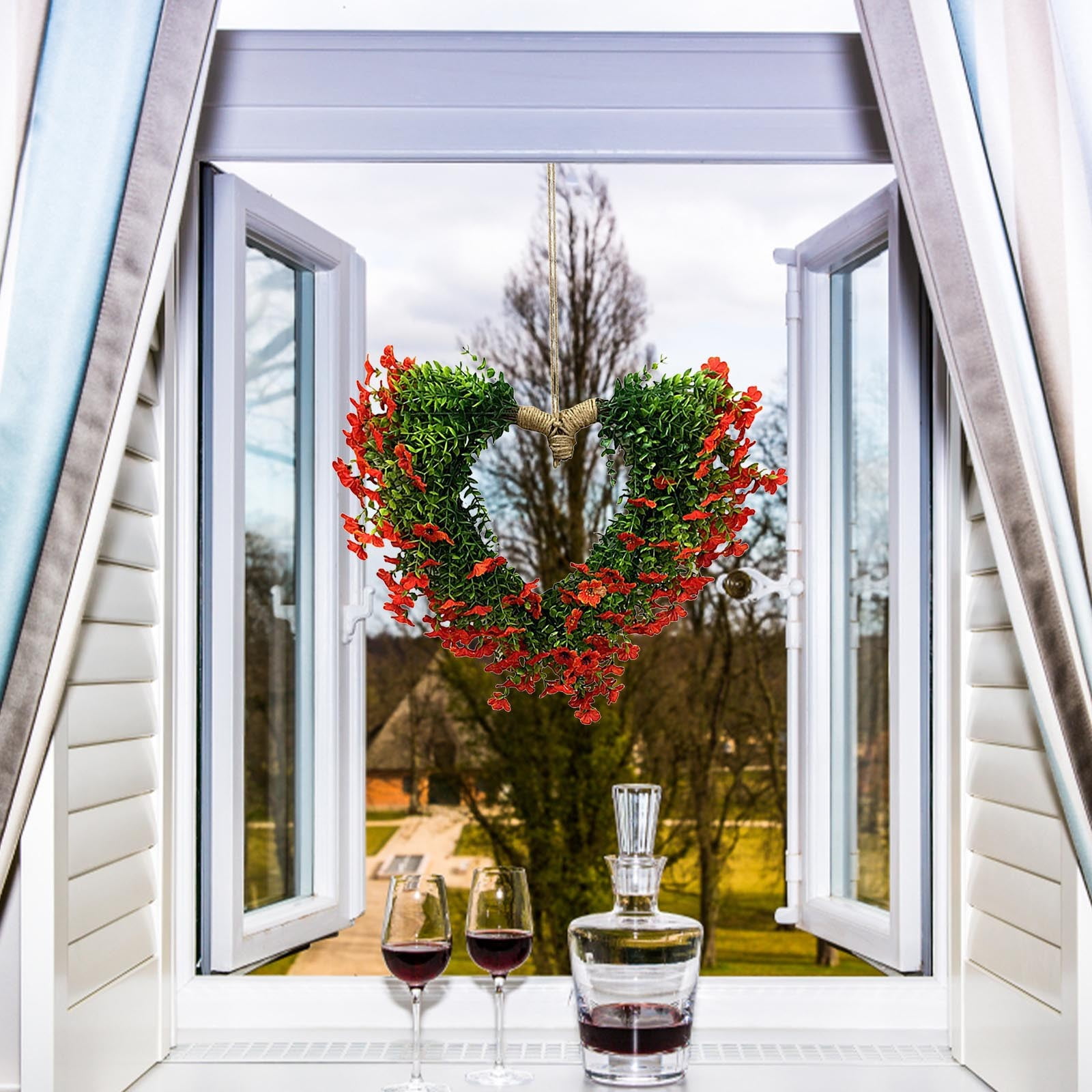 Heart Shaped Floral Wreath for Door, Artificial Plastic Greenery Leaf ...