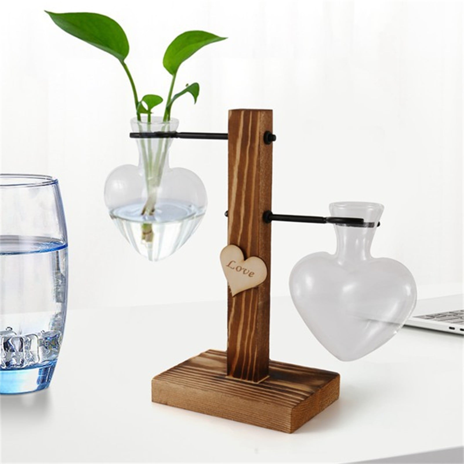 Heart Shaped Glass Hydroponic Vase with Retro Wooden Stand - Desktop ...