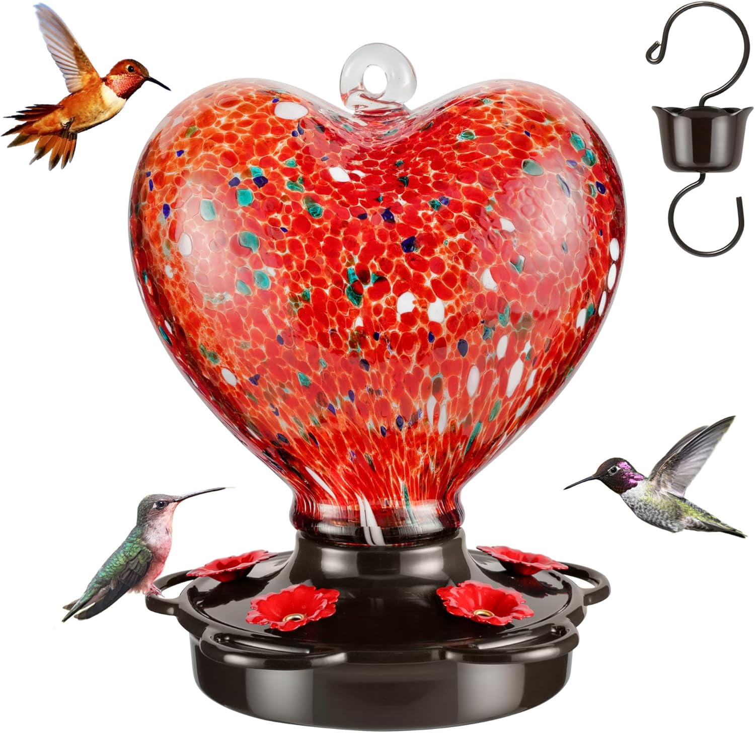 Heart Shaped Hummingbird Feeder for Outdoors Hanging, Hand Blown Glass ...