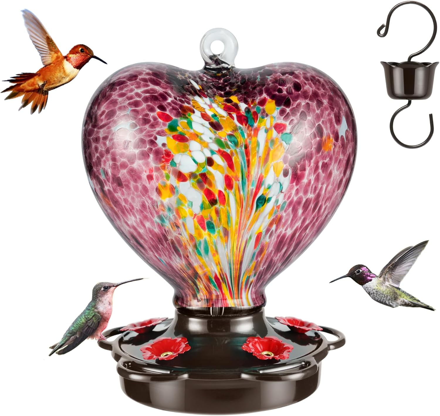 Heart Shaped Hummingbird Feeder for Outdoors Hanging, Hand Blown Glass ...