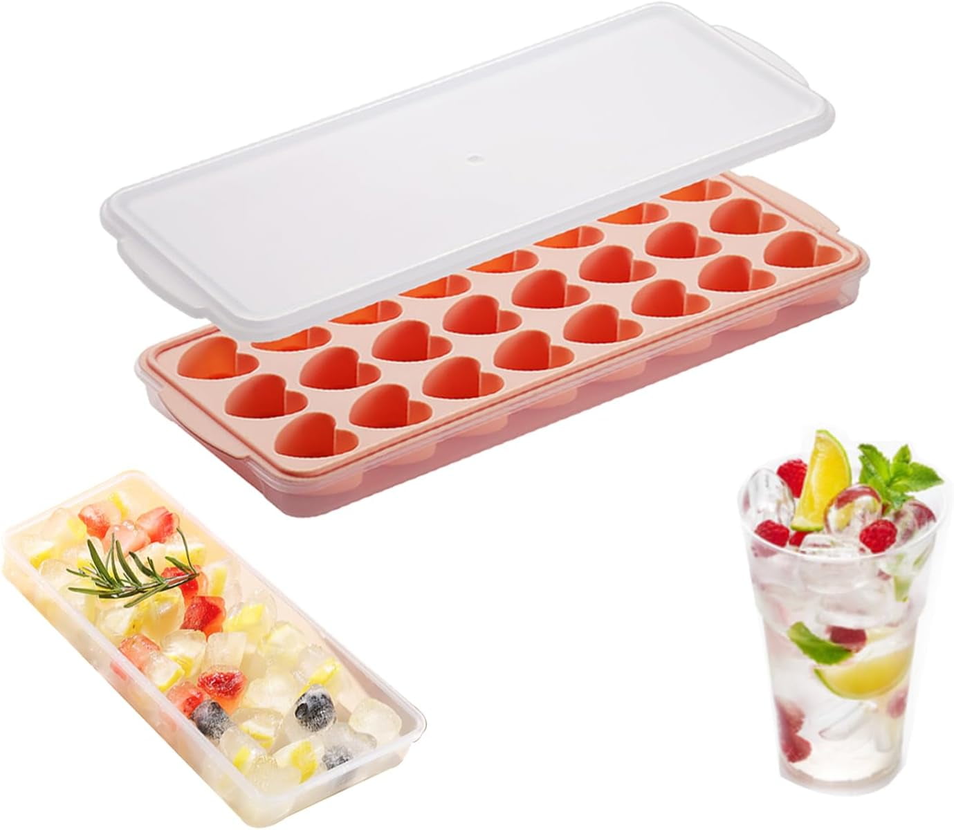 Heart-Shaped Ice Cube Trays With Lid- 21 Holes Silicone Heart Ice Cube ...