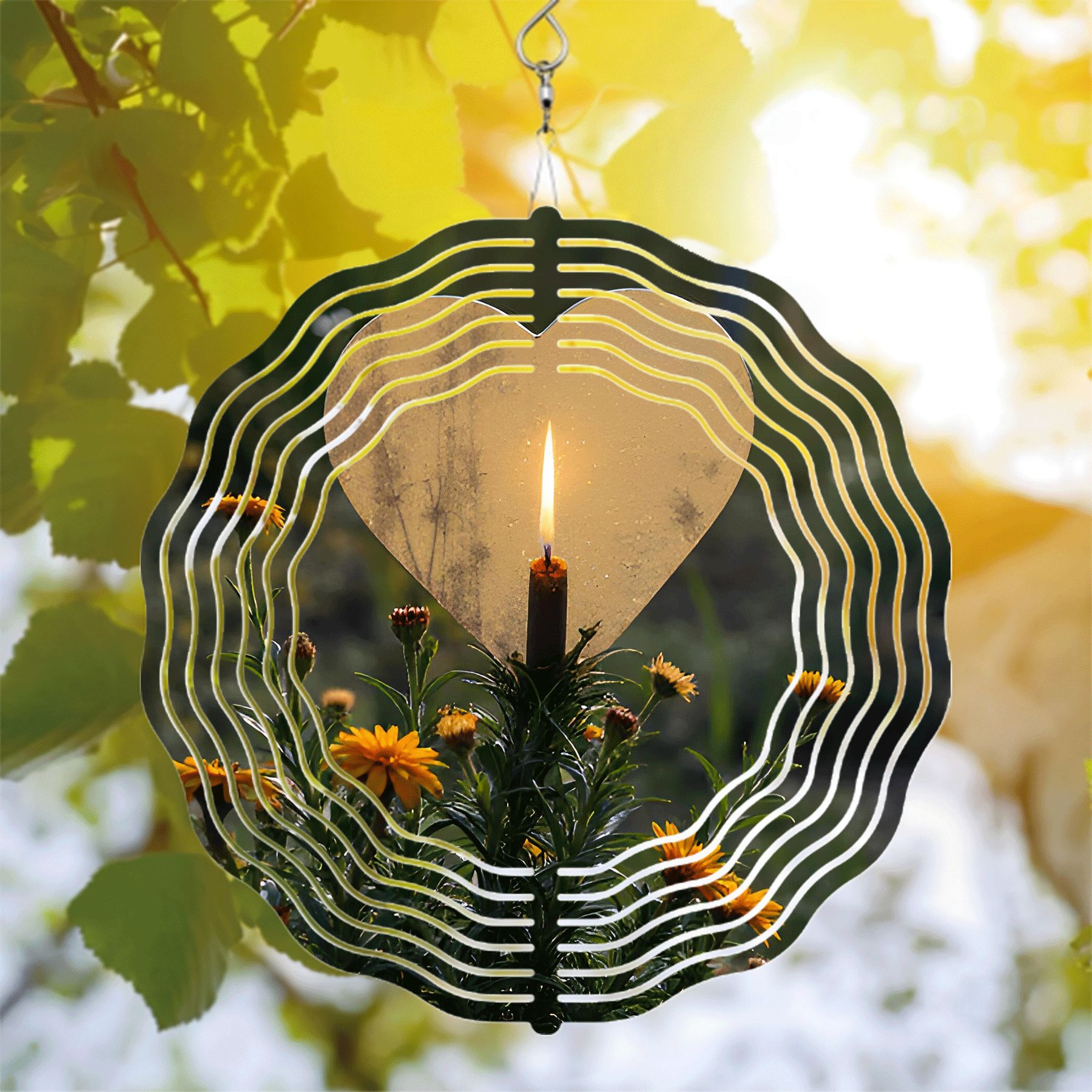 Heart-Shaped Metal Wind Spinner with Candle Center Surrounded by Yellow ...