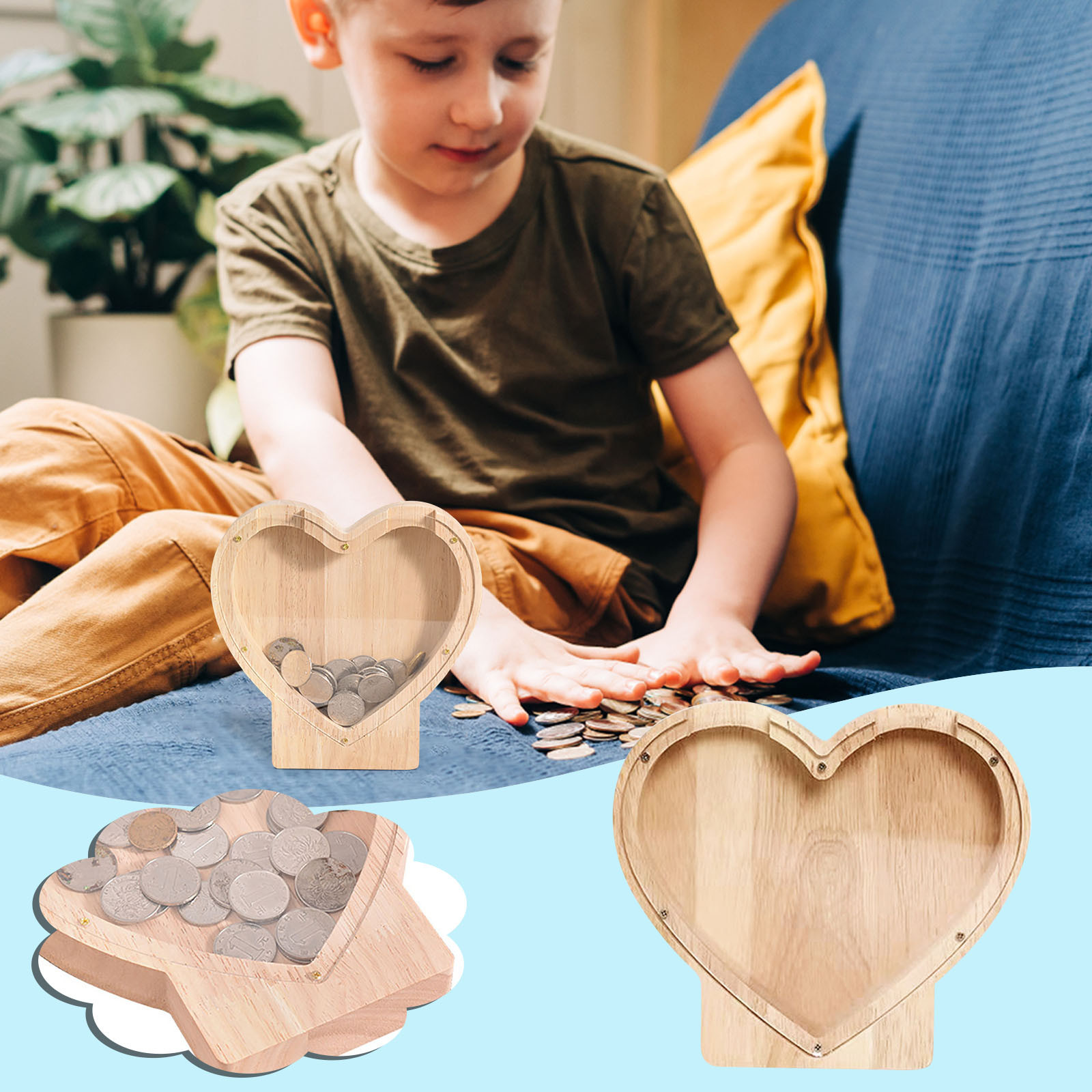 Heart Shaped Money Box, Wooden Bank with Transparent Glass Lid, Home ...