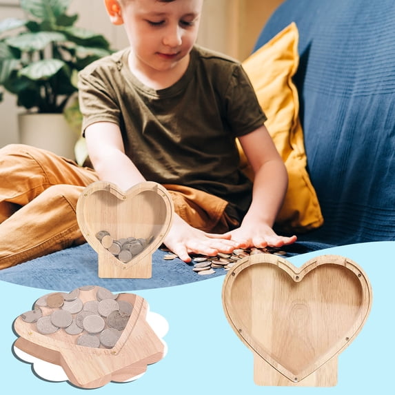 Heart Shaped Money Box, Wooden Bank with Transparent Glass Lid, Home ...