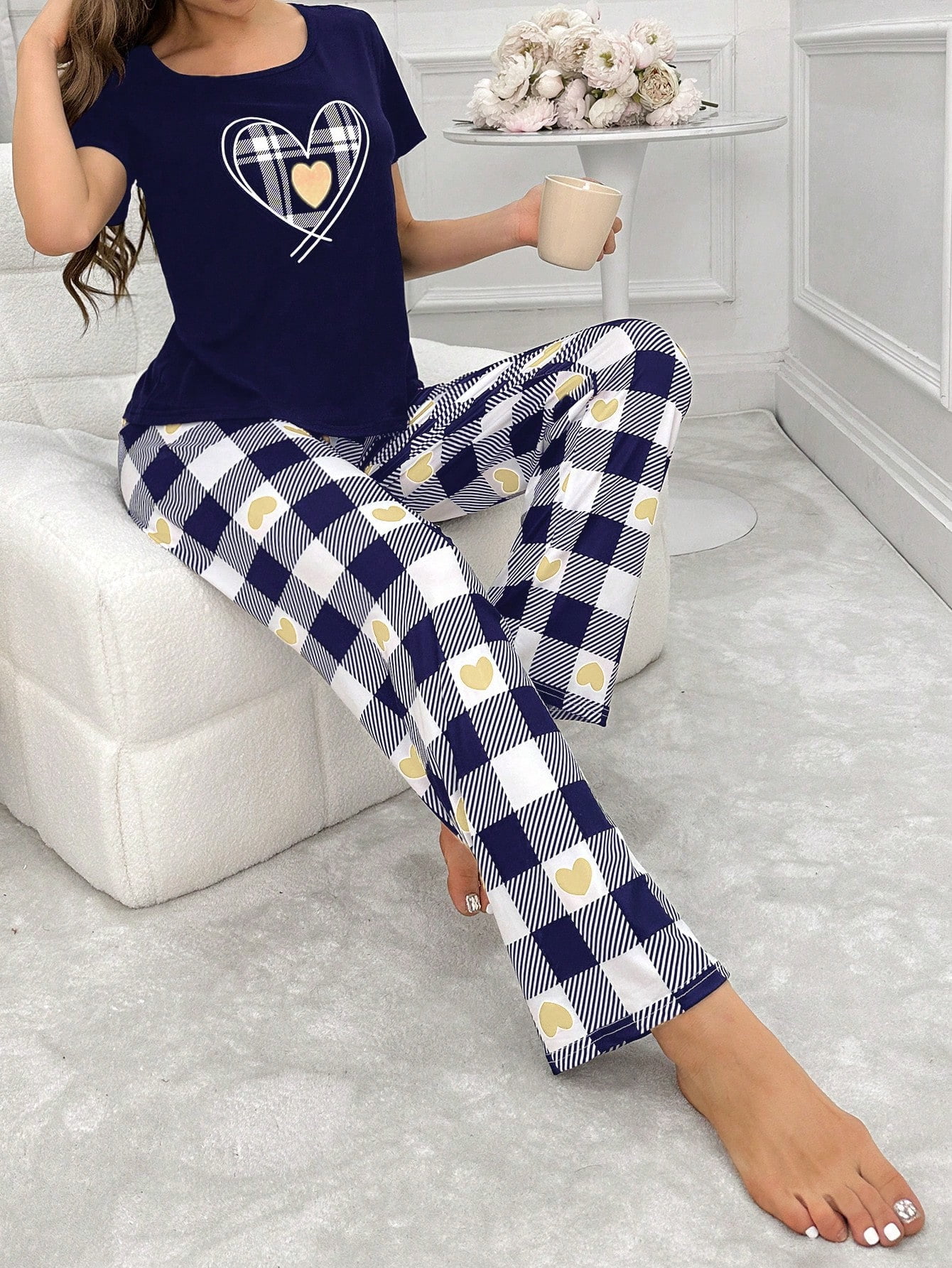Heart-Shaped Plaid Print Short-Sleeve Pajama Set With Pants - Walmart.com