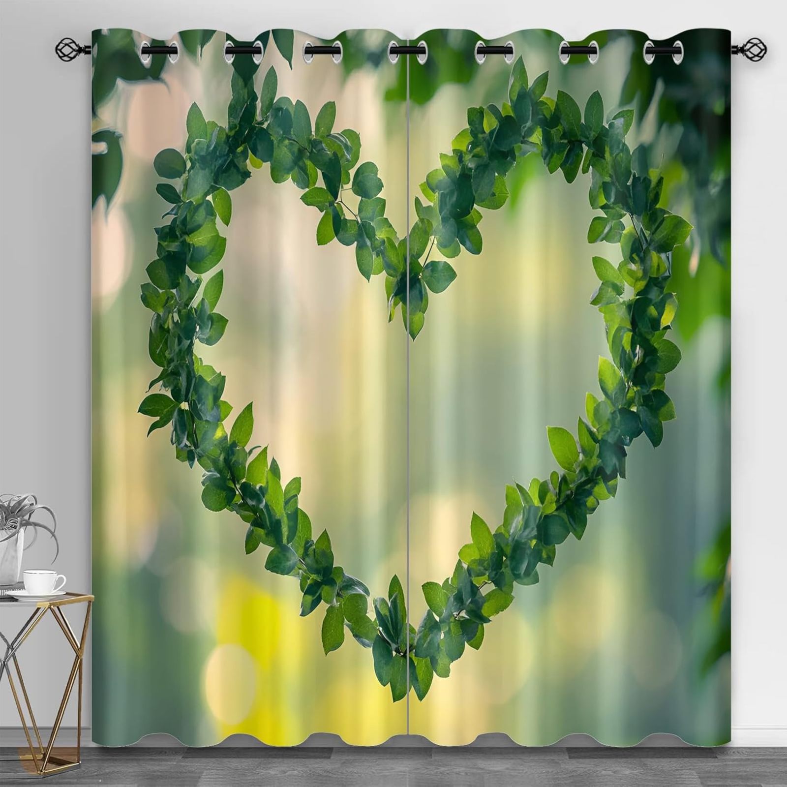Heart-Shaped Print Blackout Curtain, Green-Leaves Thermal Insulated ...