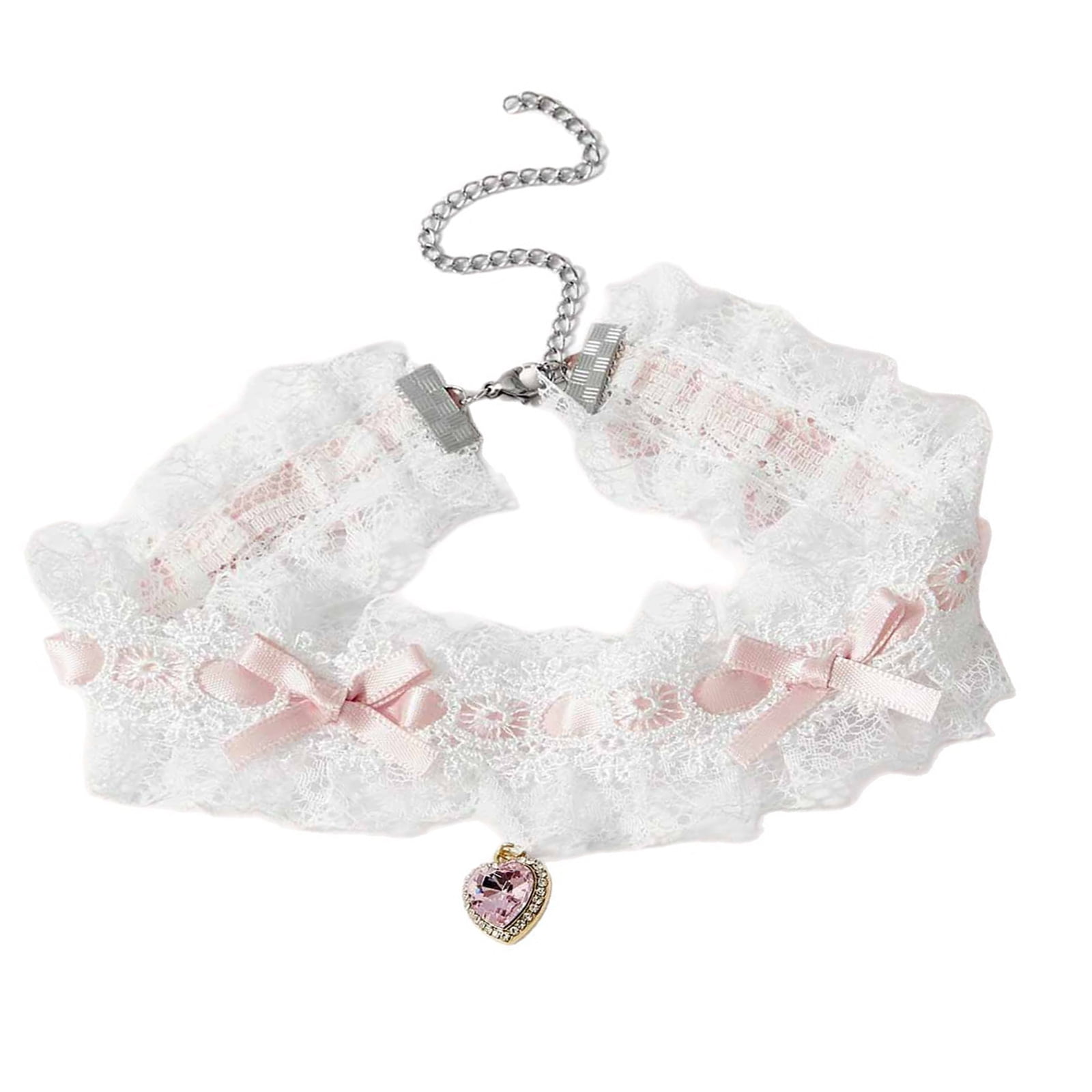Heart Shaped Rhinestones Bowknot Lace Layer Necklace Alloy Chain ...