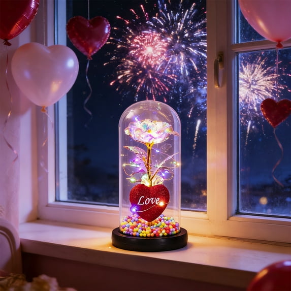 Heart Shaped Rose Night Light in Glass Dome, LED Eternal Flower Lamp ...