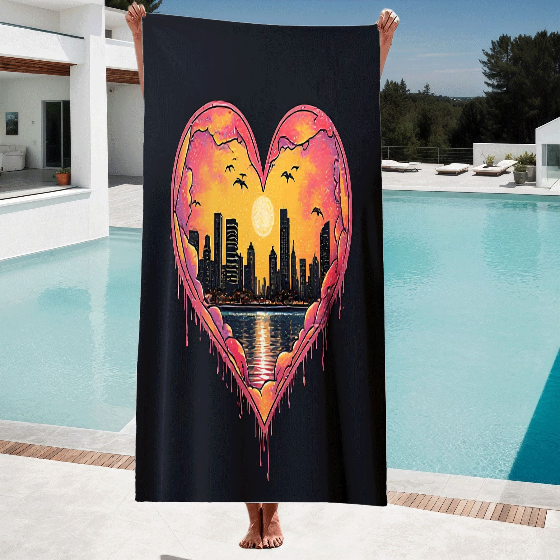 Heart-Shaped Skyline Sunset Towel - Vibrant Orange & Pink Design ...