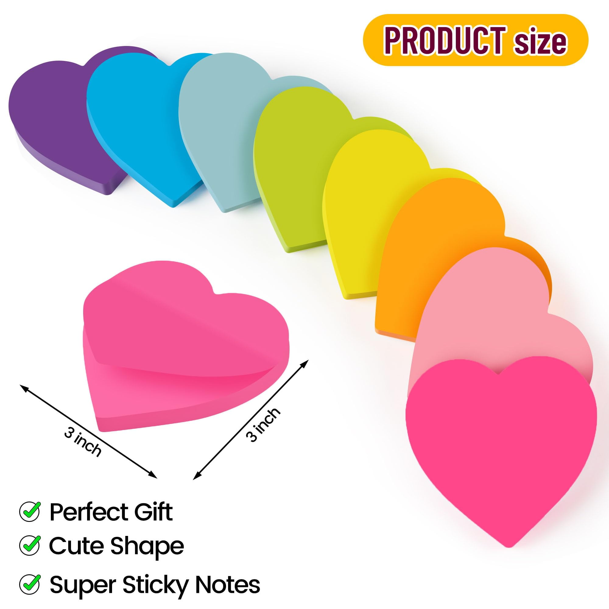 Heart Shaped Sticky Notes, 3x3 Inch Memo Pads, 8 Pack with 82 Sheets ...