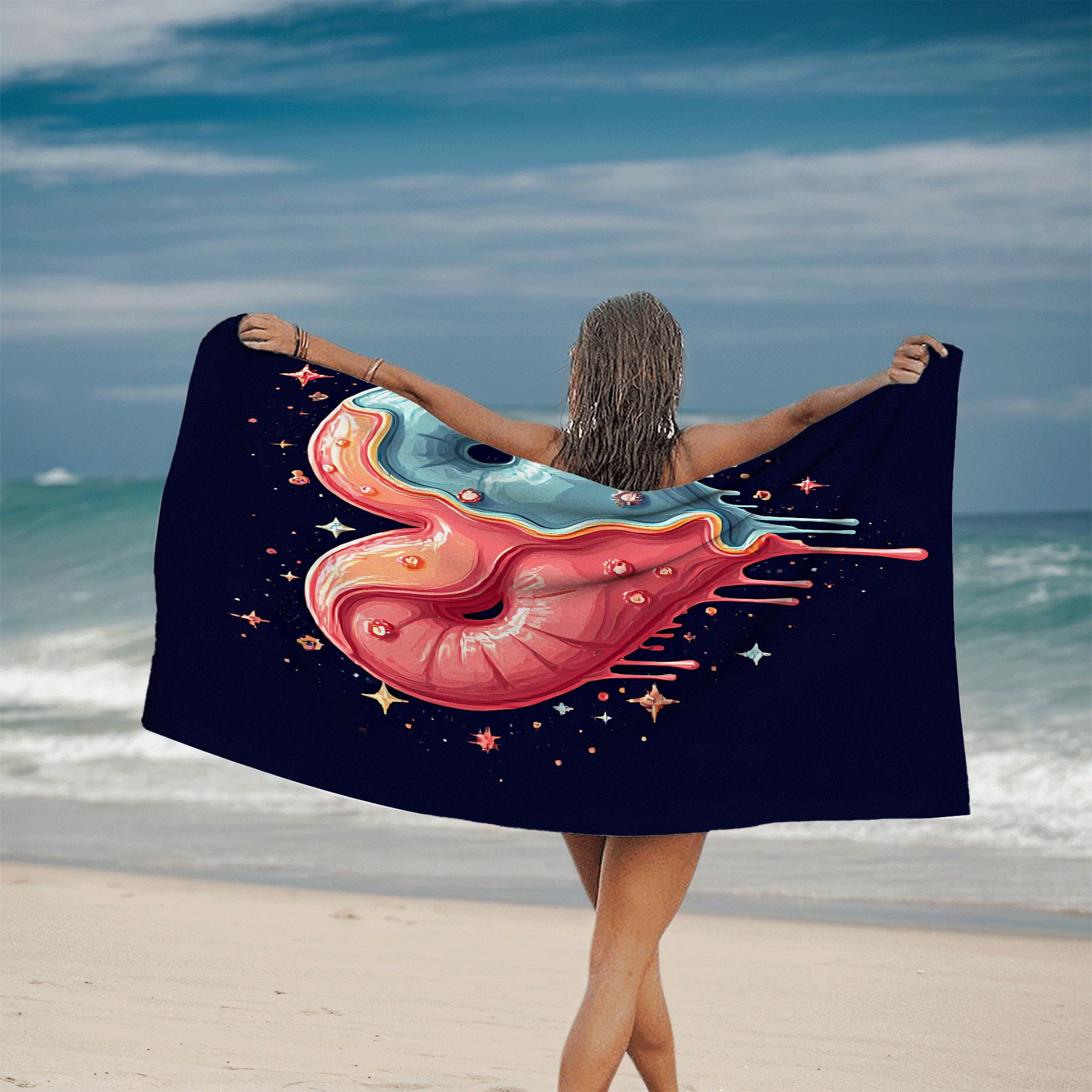 Heart-Shaped Towel - Pink & Blue Dripping Design Glossy Texture Perfect ...